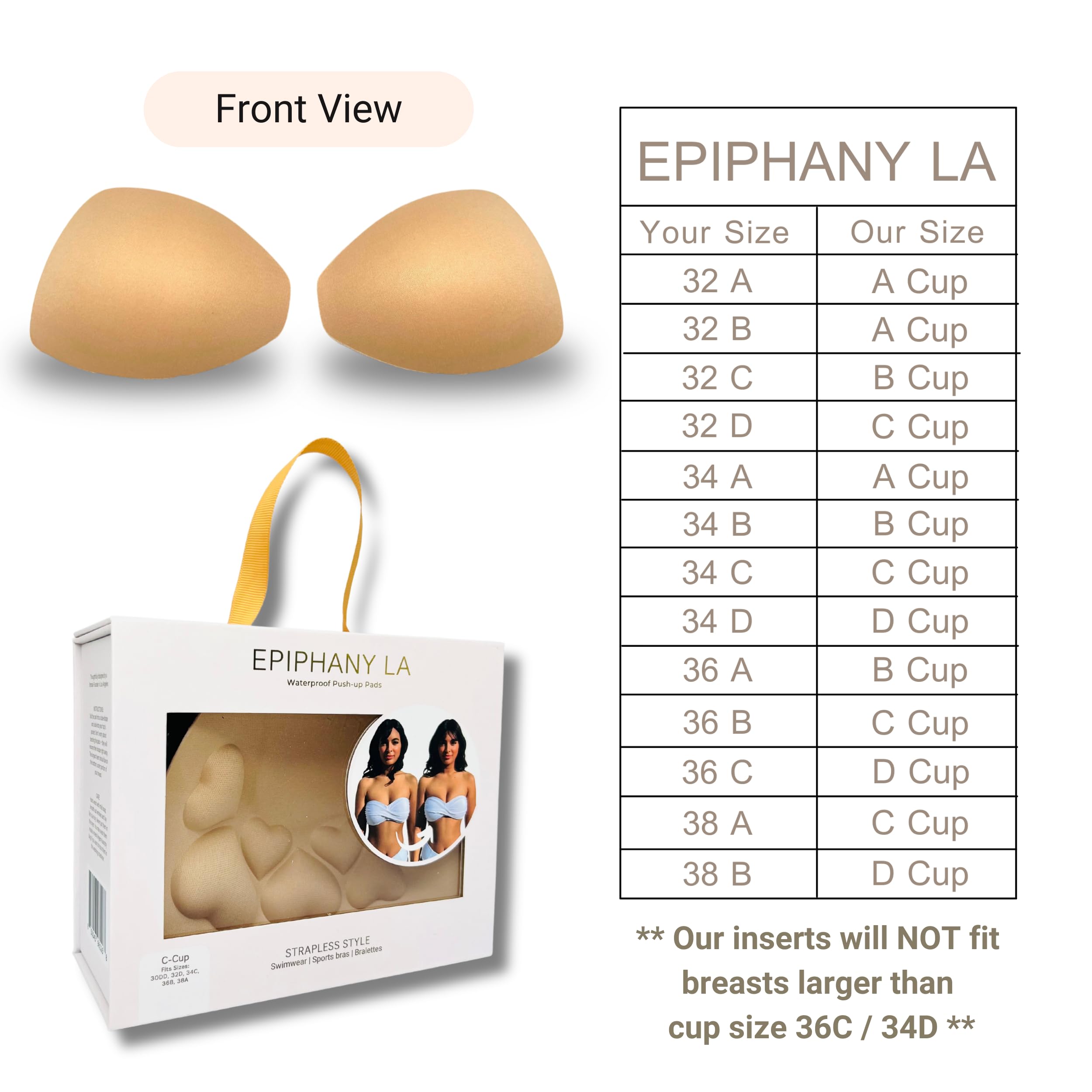 Epiphany LA Women's Strapless Style Push-up Padding Inserts for Swimsuits, Sports Bras, and Clothing (C-Cup (1 Pair))
