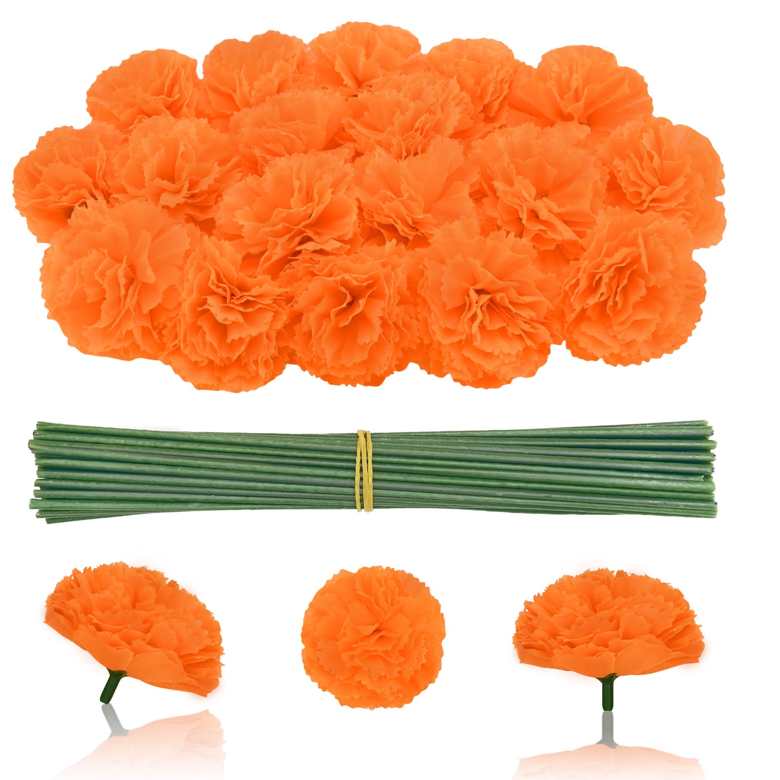 Fascidorm Marigold Flowers - 50Pcs Artificial Marigold Flowers with Stems, 2'' Silk Orange Marigolds for Day of The Dead Altar Wedding Diwali Decorations