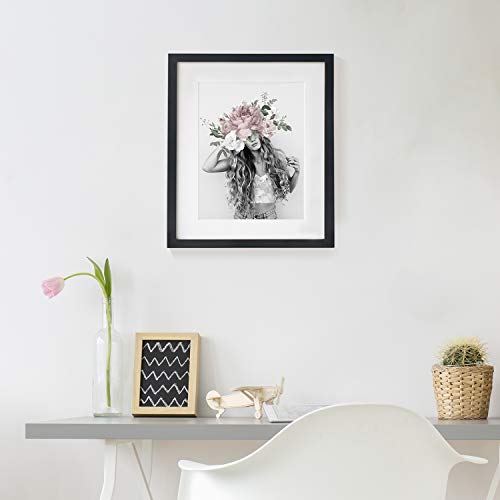 Fashion Woman Flower Head Modeling - Wall Decor Poster Print - Trendy Cute Beautiful Feminine Fine Visual Art Display (Framed)
