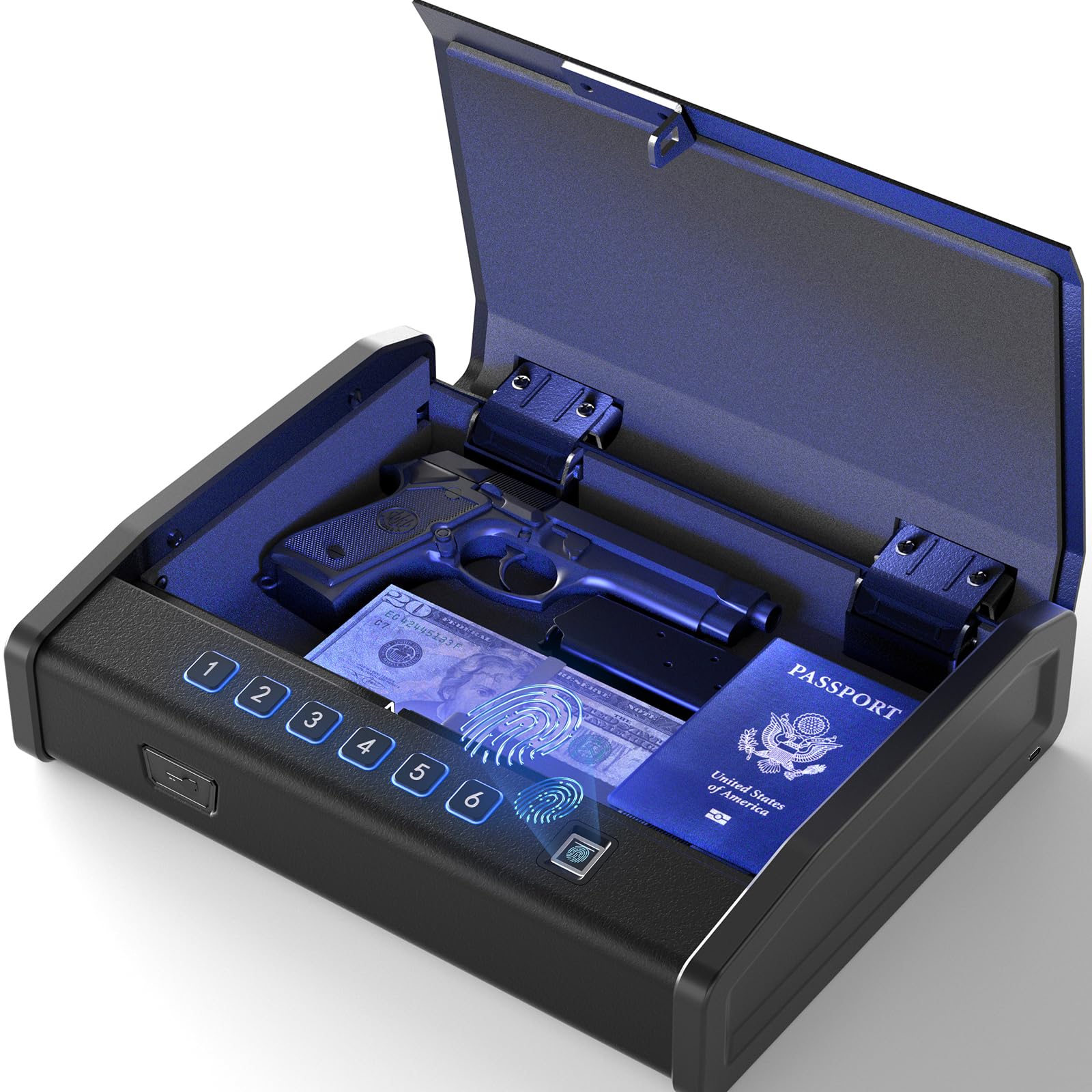 Grimtron Biometric Gun Safe, Quick Access Pistol Safe with LED Lighting, Security Cable, Backlit Keypad, USB Port, and Silent Mode for Gun Safes & Cabinets VT00(olive)