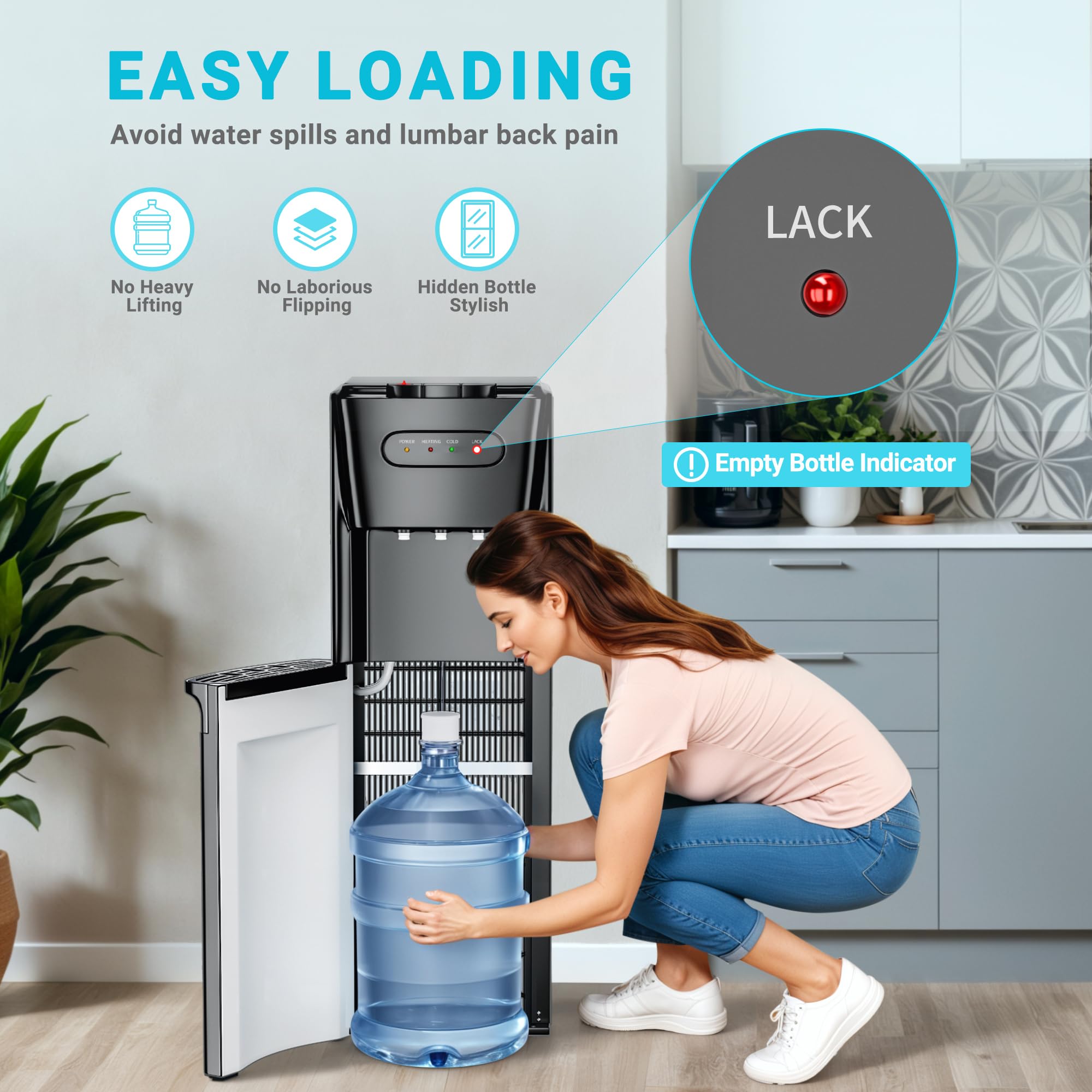 Manastin Bottom Loading Water Cooler Dispenser Hot Cold & Cool Water Dispenser for 3 or 5 Gallon Bottles, Empty Bottle Indicator, Child Safety Lock, Ideal for Office, Home, Living Room (Classic Black)