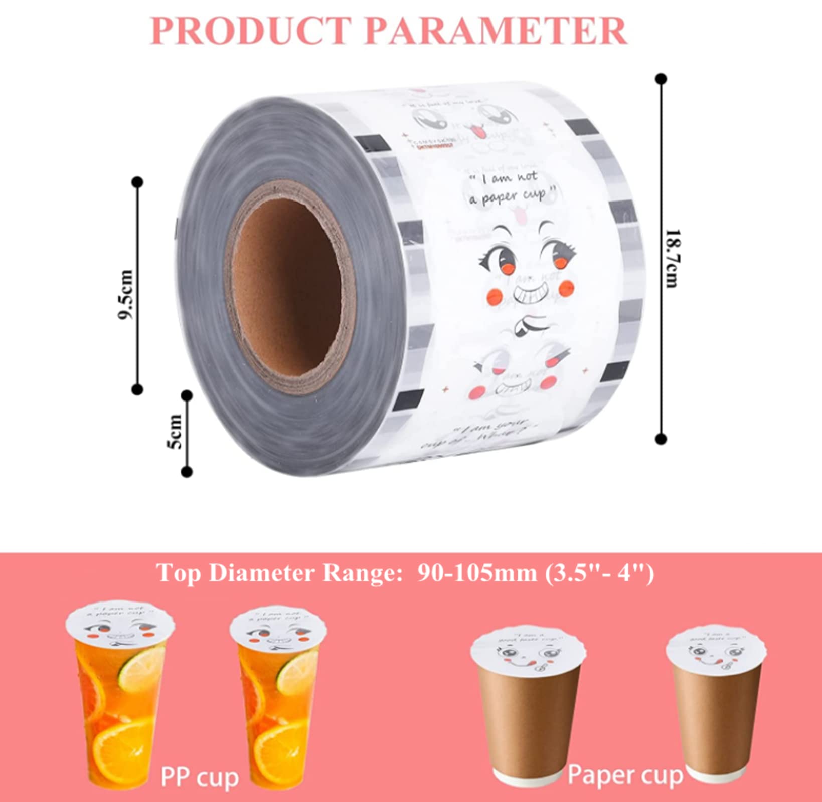JIAWANSHUN Cup Sealer Film 95 mm (3.74'') Tea Cup Sealing Film for PP Cups/Paper Cup