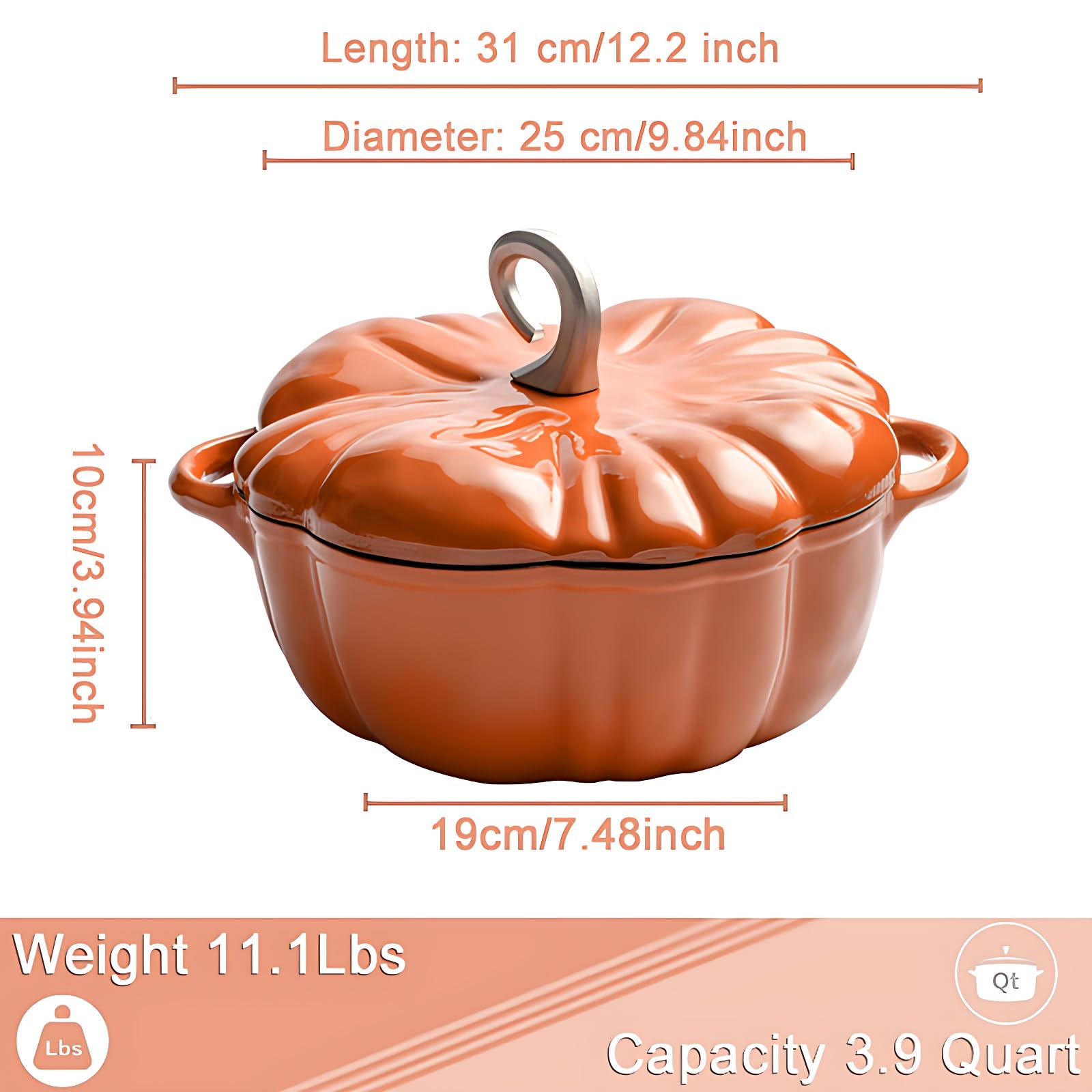 Pumpkin Shaped Ceramic Casserole Dish with Lid, Oven-Safe Enameled Cast Iron Dutch Oven, Halloween-Themed Cookware for Stews, Soups, and Casseroles (3.9 Quart)