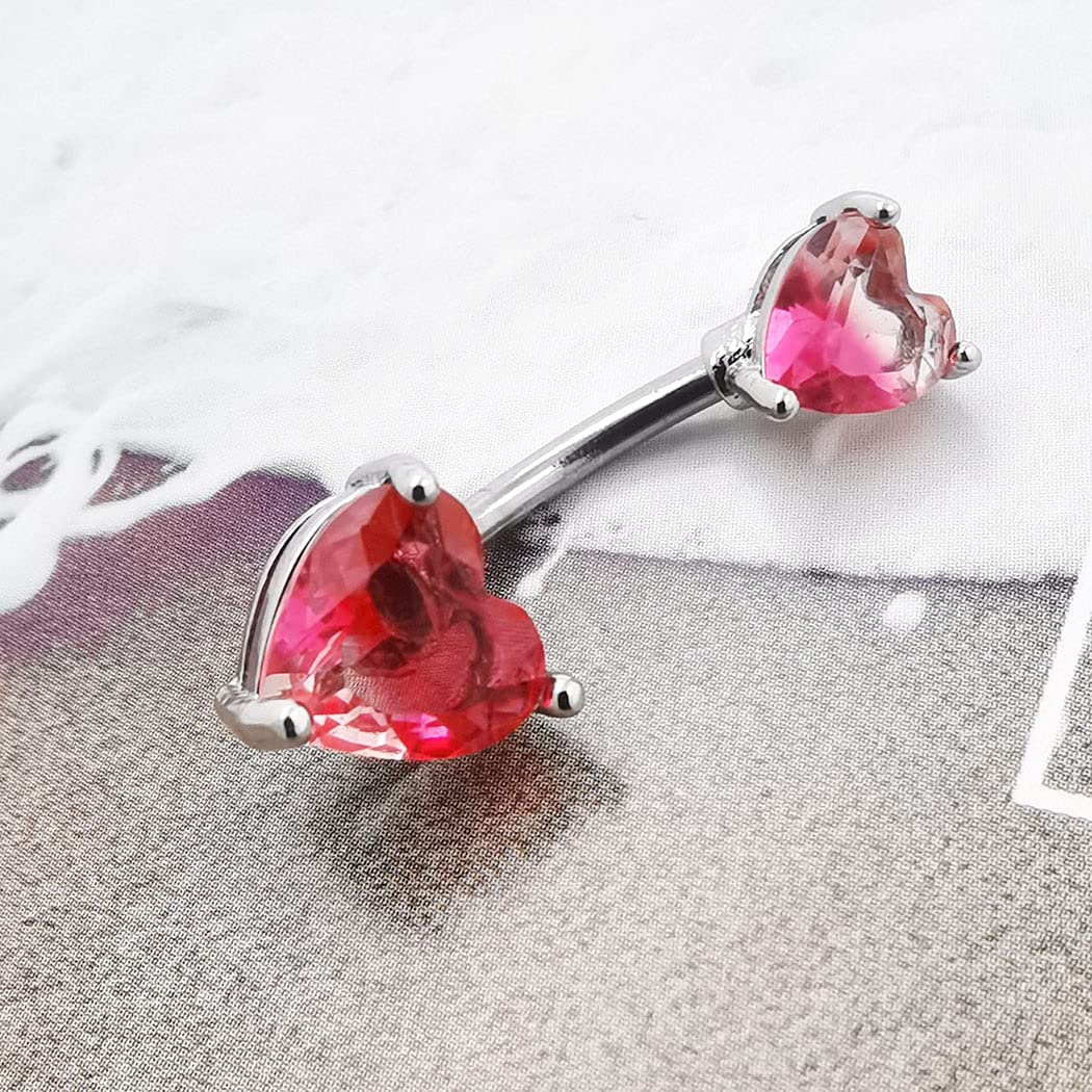 Excepro Belly Button Rings14G(1.6mm) 316L Surgical SS Rainbow Double Heart CZ Multi Shaped Body Jewelry Belly Rings (Dark Pink Heart)