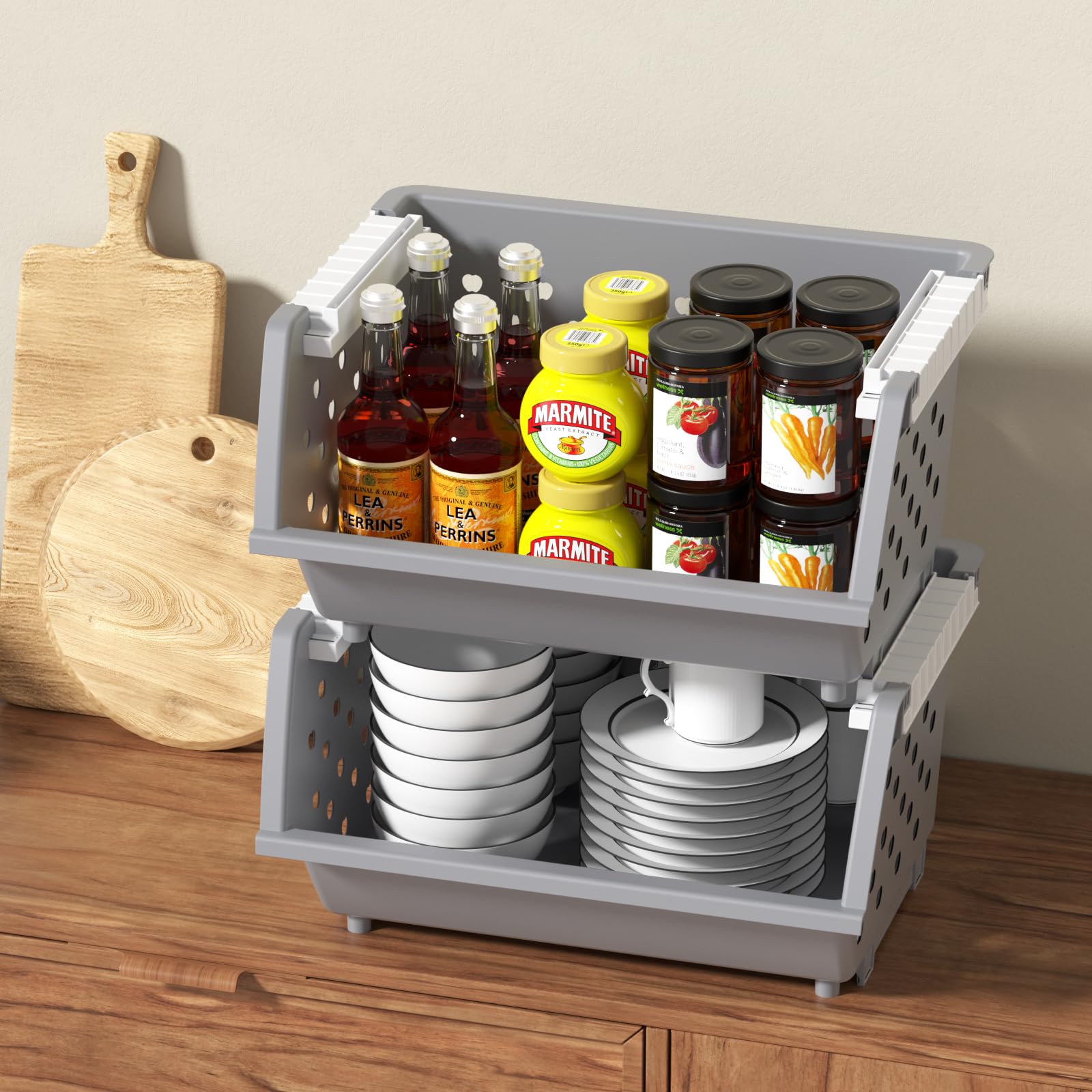 Wakikini Large Plastic Stackable Storage Baskets, Plastic Open Front Stacking Bins, Gray, 4 Packs