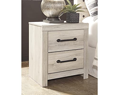 Signature Design by Ashley Cambeck Farmhouse Industrial 2 Drawer Two Drawer Nightstand with 2 Slim-Profile USB Charging Stations, Whitewash