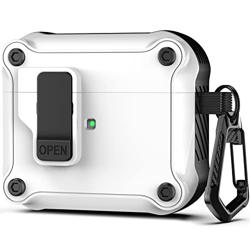 R-fun Airpods 3rd Generation Case with Automatic Secure Lock Clip, Hard Shell Full-Body Protective Airpods 3 Case 2021 for Women Men,Compatible with Apple Airpods 3rd Generation 2021,White
