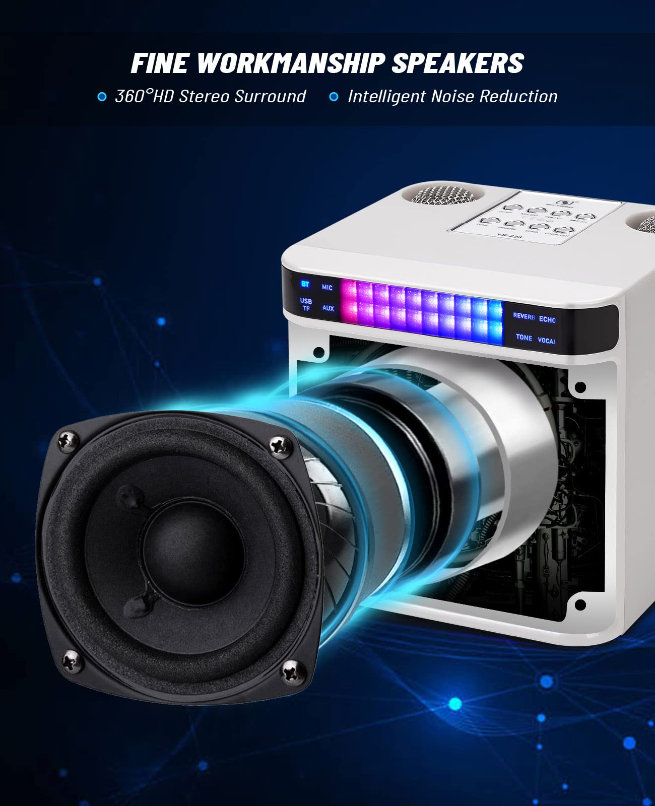 JIEFOCH Karaoke Machine with 2 Microphones for Adults and Kids,PA Speaker System with Disco Light for Kids (White)