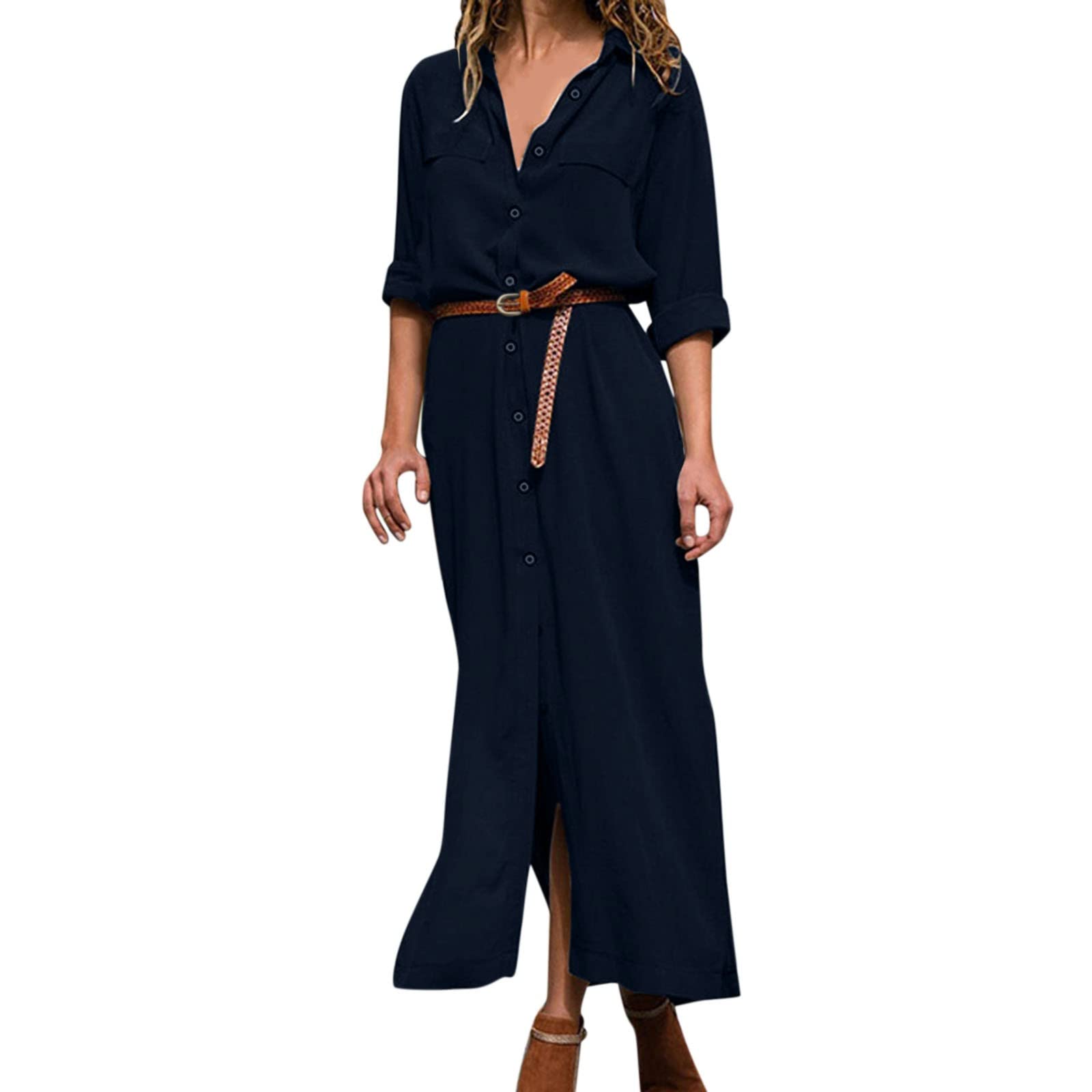 Keepfit Long Shirt Dress for Women Button Down Maxi Dress with Belt Long Sleeve Lapel Collar Daily Dress Navy