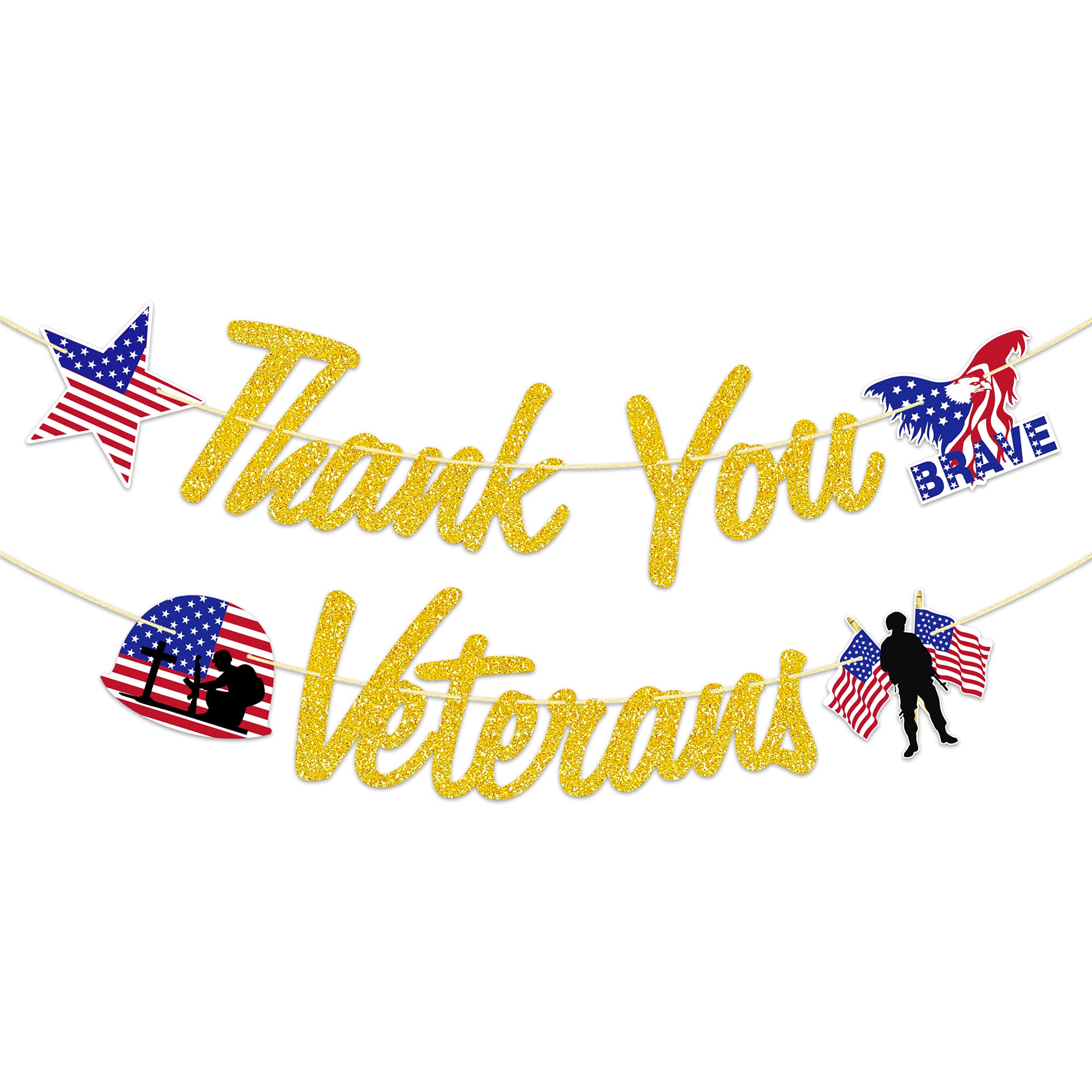 Veterans Day Banner, Thank You Veterans Glitter Letter Banner Cardstock Paper Garland Patriotic Party Decorations