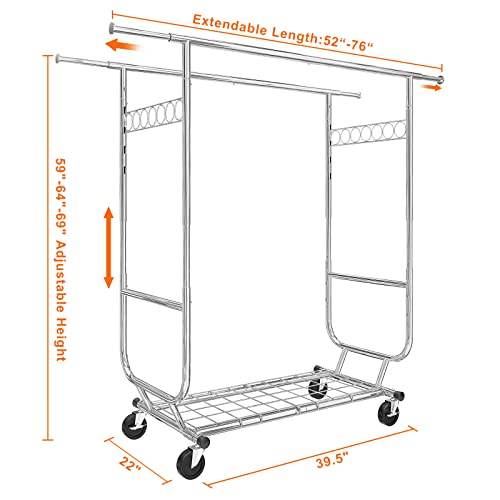 Raybee Clothes Rack Heavy Duty Clothing Rack Loads 600LBS, Clothing Racks for Hanging Clothes, Rolling Clothes Rack with Wheels Garment Rack, Collapsible & Portable Clothing Rack, 76"W x 22"D x 69"H