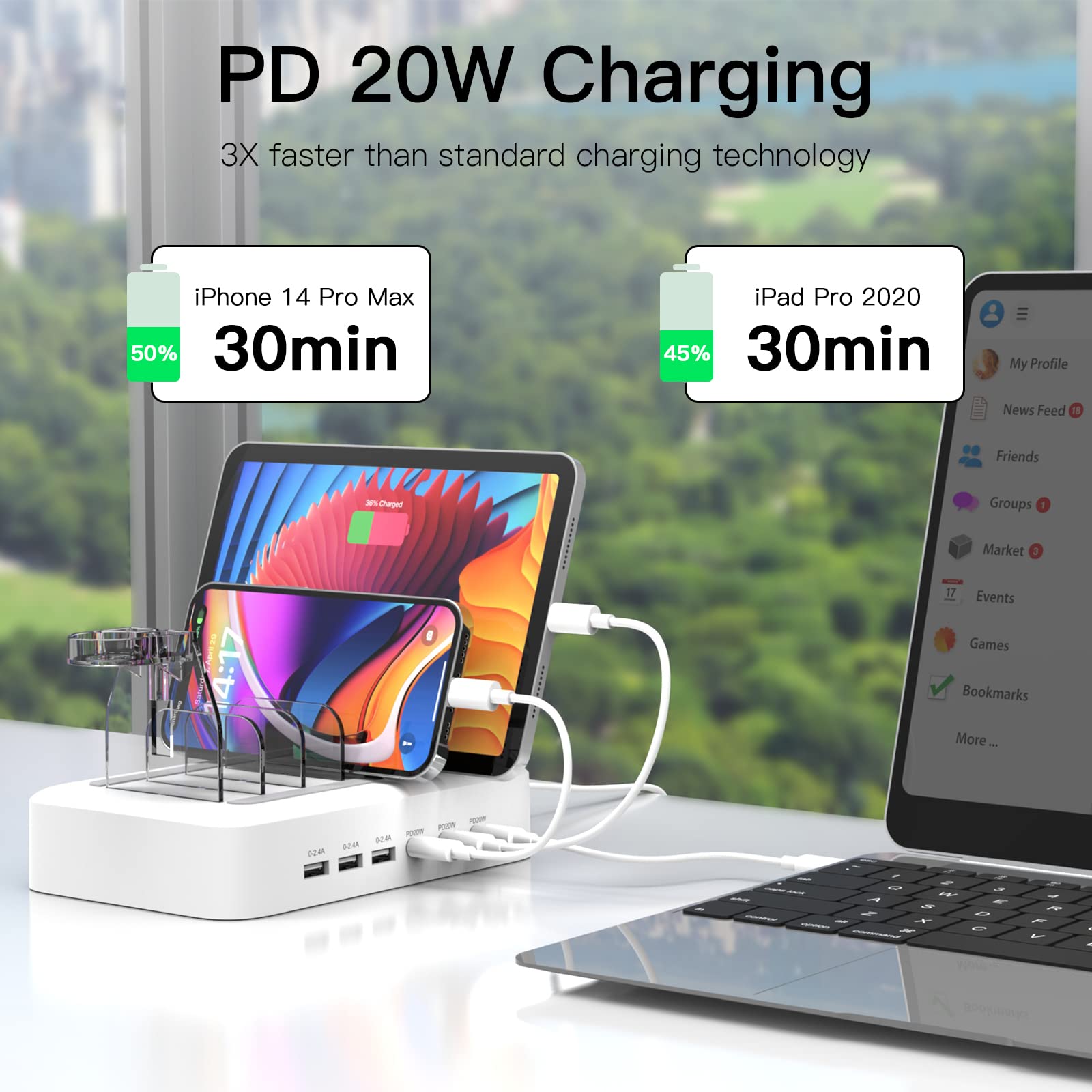 Fast Charging Station for Multiple Devices Apple, MSTJRY 90W 6-Port Charging Dock with 3PCS PD 20W USB-C Designed for iPad, iPhone, Android, Tablet and Other Electronics, White DGOQ0098