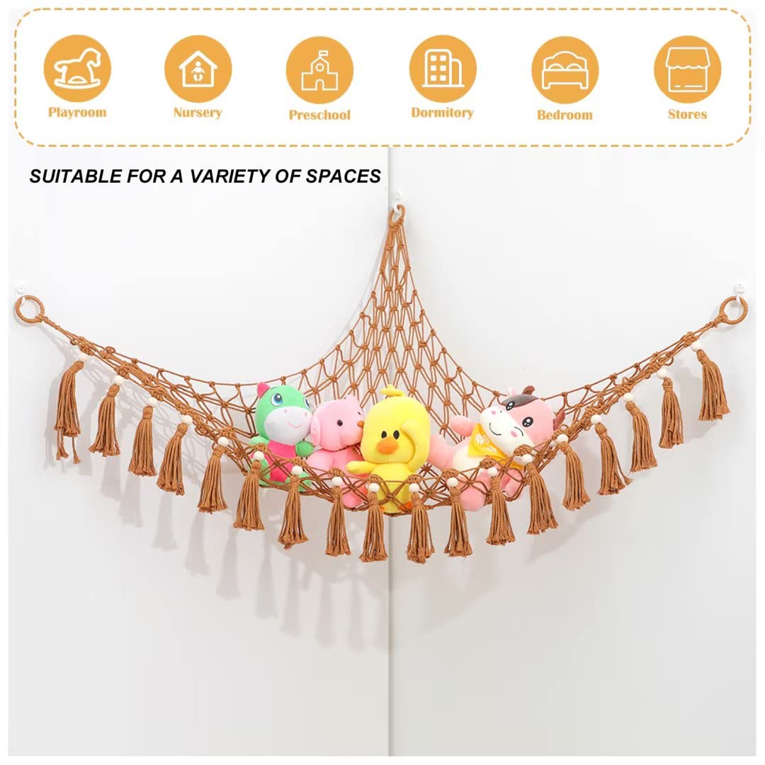 JIELAIMI Stuffed Animal Toy Storage Organizer, Toy Storage Hammock with Decorative Tassels Corner Large Capability Toy Net Holder (brown)