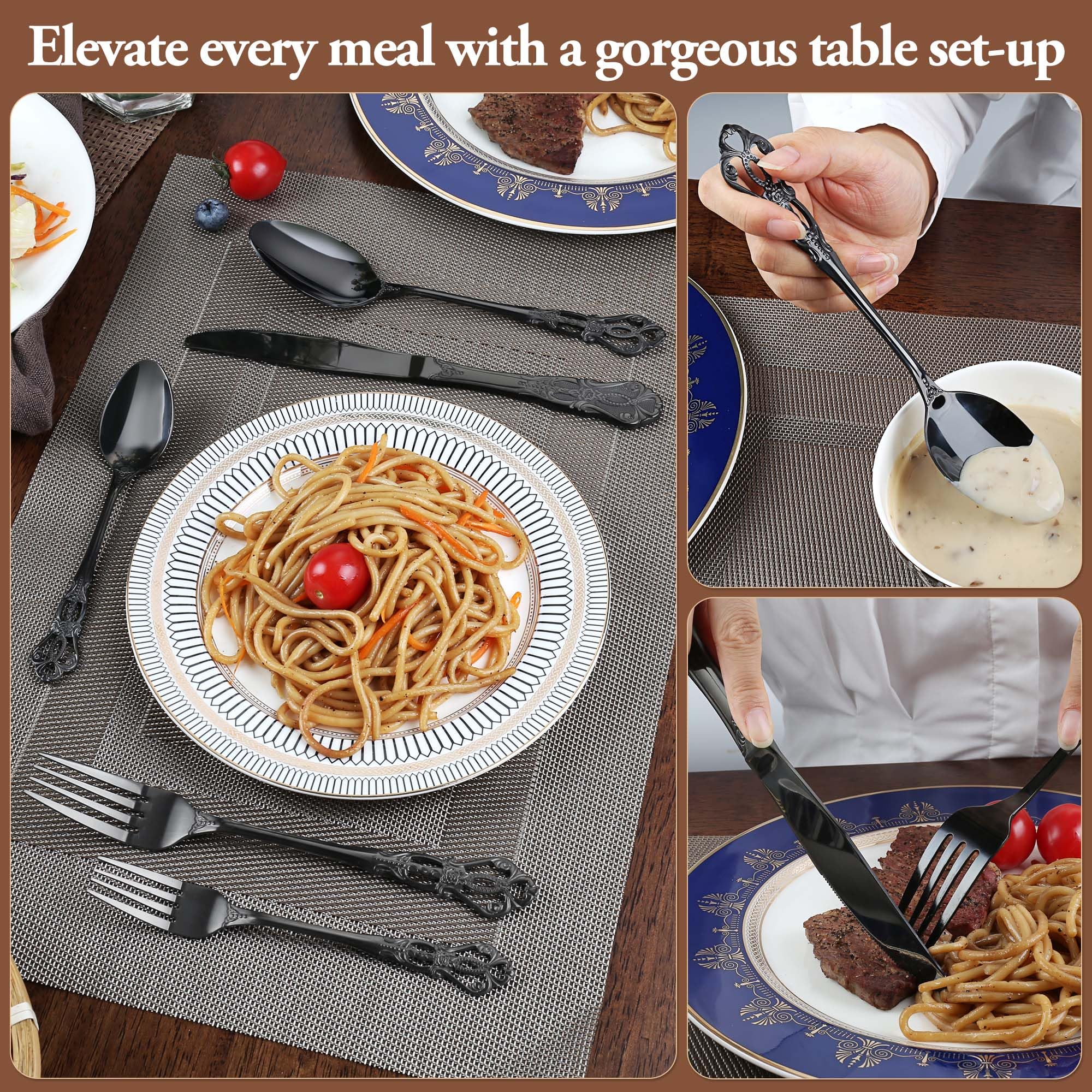PUREAIN Silverware Set, 30 Pieces Retro Royal Silverware Set for 6, Anti-rust Stainless Steel Flatware Set Including Fork Spoon and Knife, Dishwasher Safe, Black
