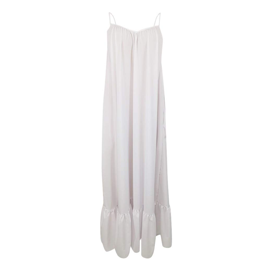 Keepfit Women Maxi Dress Trendy Spaghetti Straps Sling Dress Summer Ruffle Backless Solid Swing Dress White