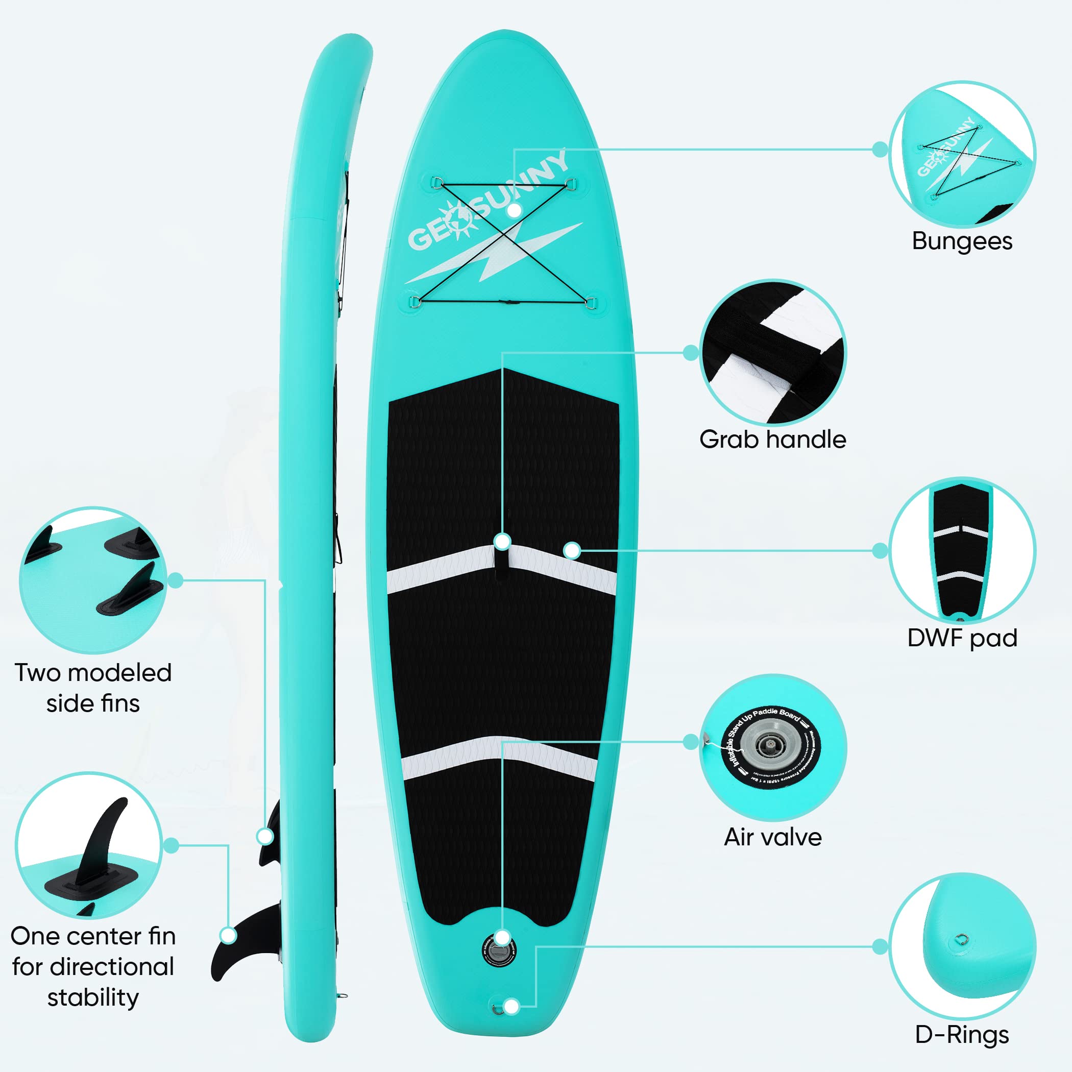 GEOSUNNY Inflatable Paddle Board-10ft. 32"x6" for Kayak, Surfing, Paddleboarding- Non-Slip Deck, 3 Fins -with Hand Pump, Paddle, Backpack, Repair Kit, Leash, Removable Fin, Accessories, Blue & Black