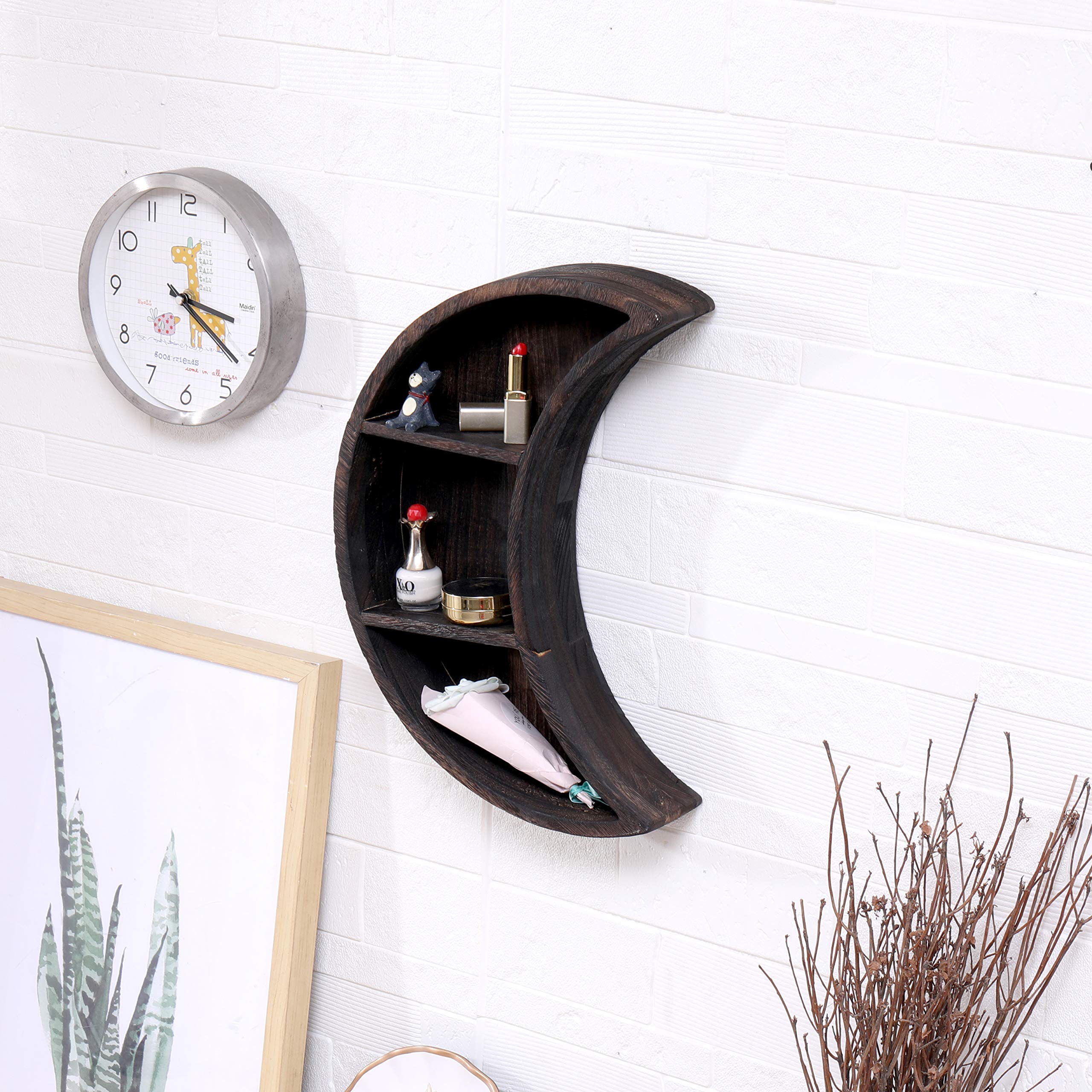 Wall Mounted Moon Shelf-Solid Wood Crystal Shelf,Distressed Antique Finished Storage Holder,Farmhouse Hanging Disaplay Shelves for Living Room,Bedroom(Burnt Color)