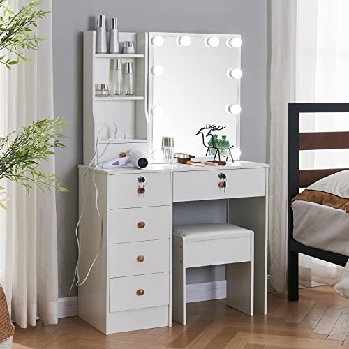 tojump Makeup Vanity Table with LED Lighted Mirror, White Vanity Desk with Drawers & Cabinet, Bedroom Makeup Dressing Table with Cushioned Stool (Modern Y)