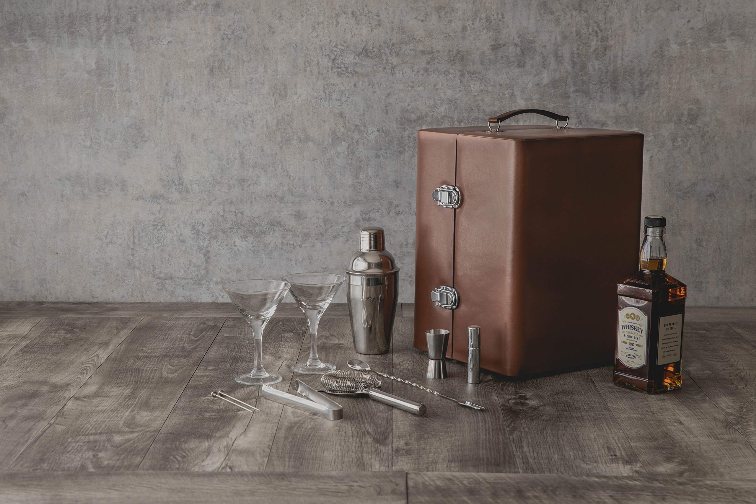 LEGACY - a Picnic Time brand Manhattan Case, Stainless Steel Cocktail Shaker Set, Premium Tools, Bar Accessories, and Bartender Kit, One Size, Mahogany with Tan Accents