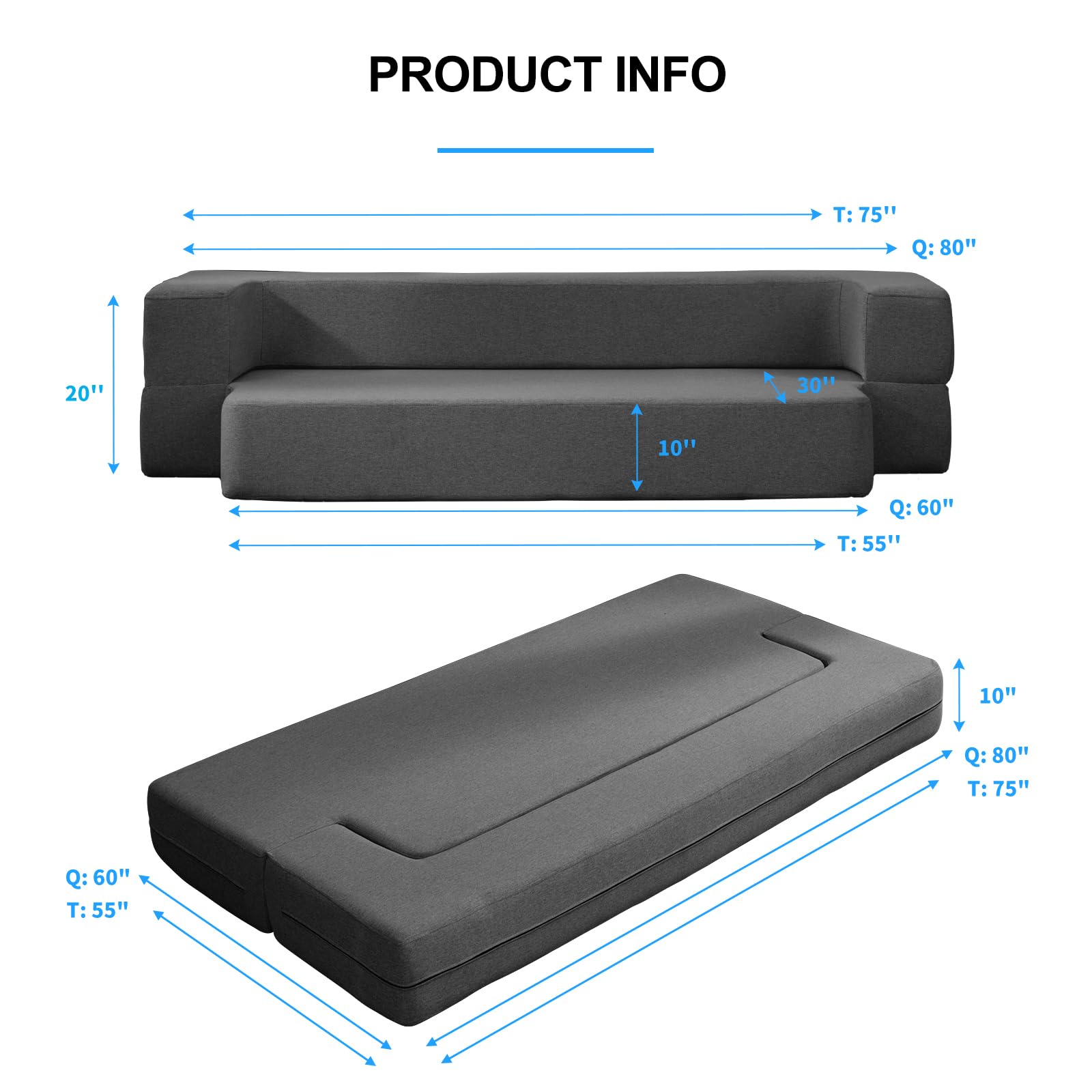 PUREMIND 2-in-1 Queen Convertible Couch Bed, Folding Floor Sofa Bed, Fold Out Floor Sleeper Sofa Couch for Living Room/Guest Room/Home Office Dark Grey