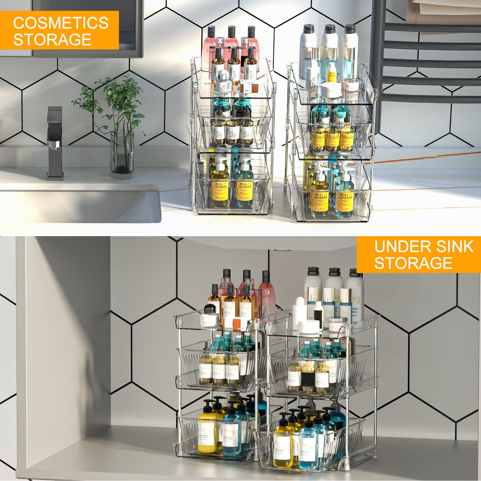 GoMaihe Bathroom Organizer Under Sink: 3-tier Clear Pull Out Medicine Cabinet Organizer - Sliding Storage Drawer for Makeup in Small Bathroom & Kitchen | Stackable & Anti-slip & Easy to Clean 2-pack
