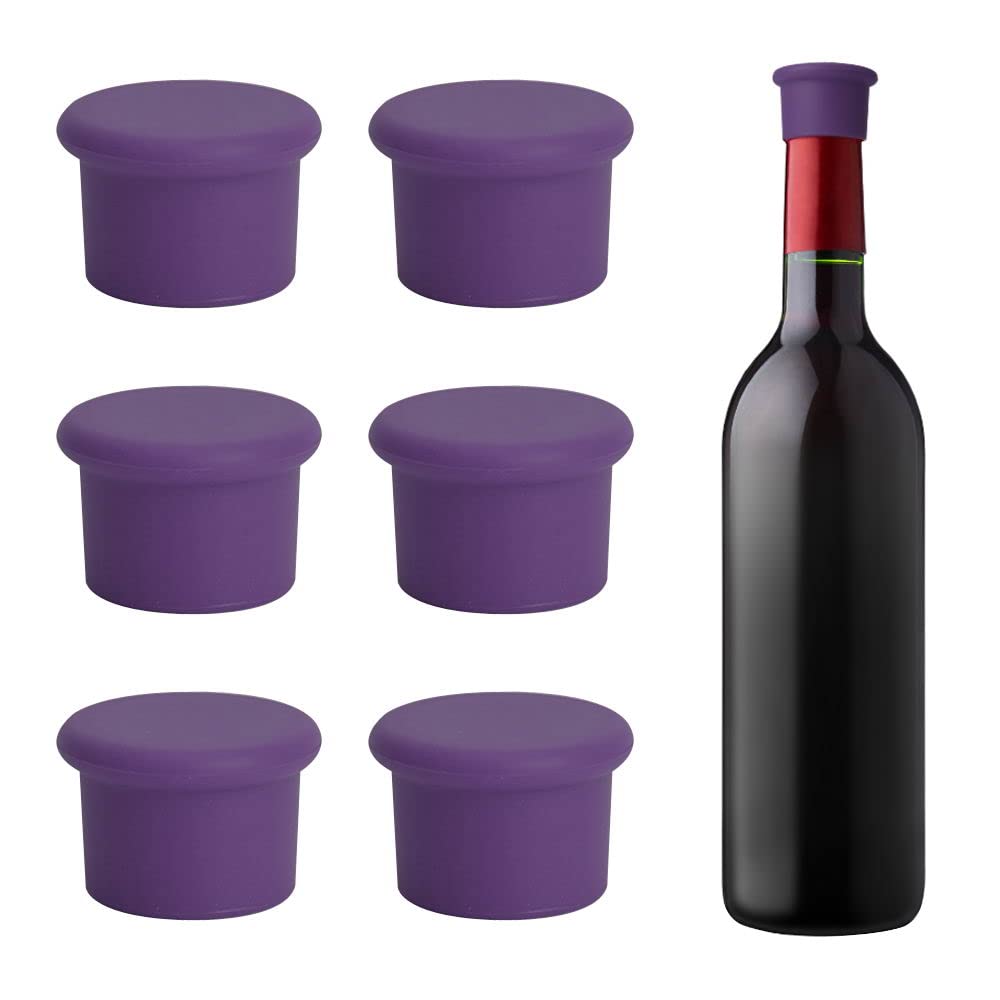 H H&J HUAJIAN Reusable Silicone Wine Bottle Stopper for Easy Removal and Secure Attachment, Set of 6 In Multiple Colours (Purple)
