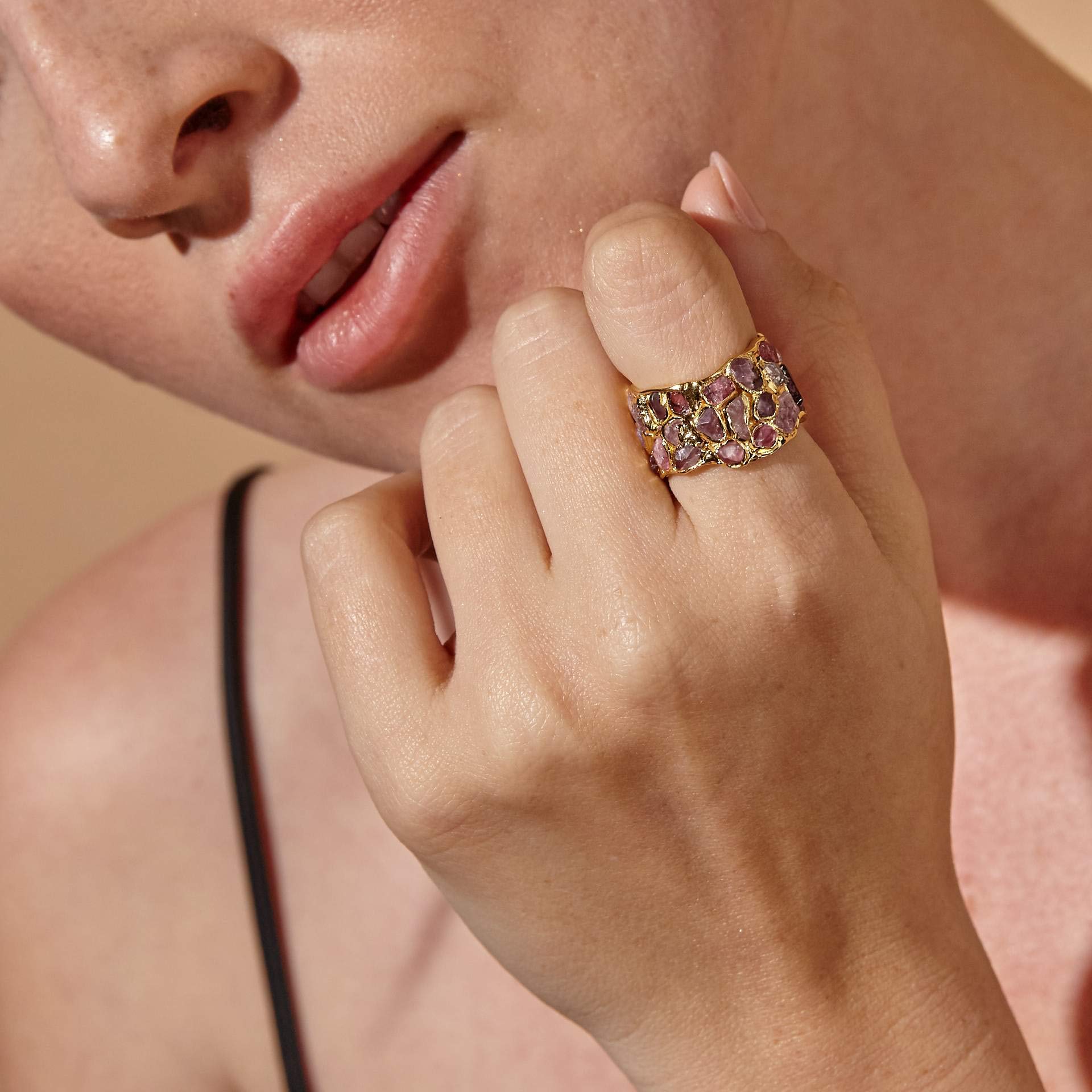 german kabirski 16 Carat Pink Spinel Handmade Barrel Ring for Women in 925 Sterling Silver with Gold Plating Size 5.5