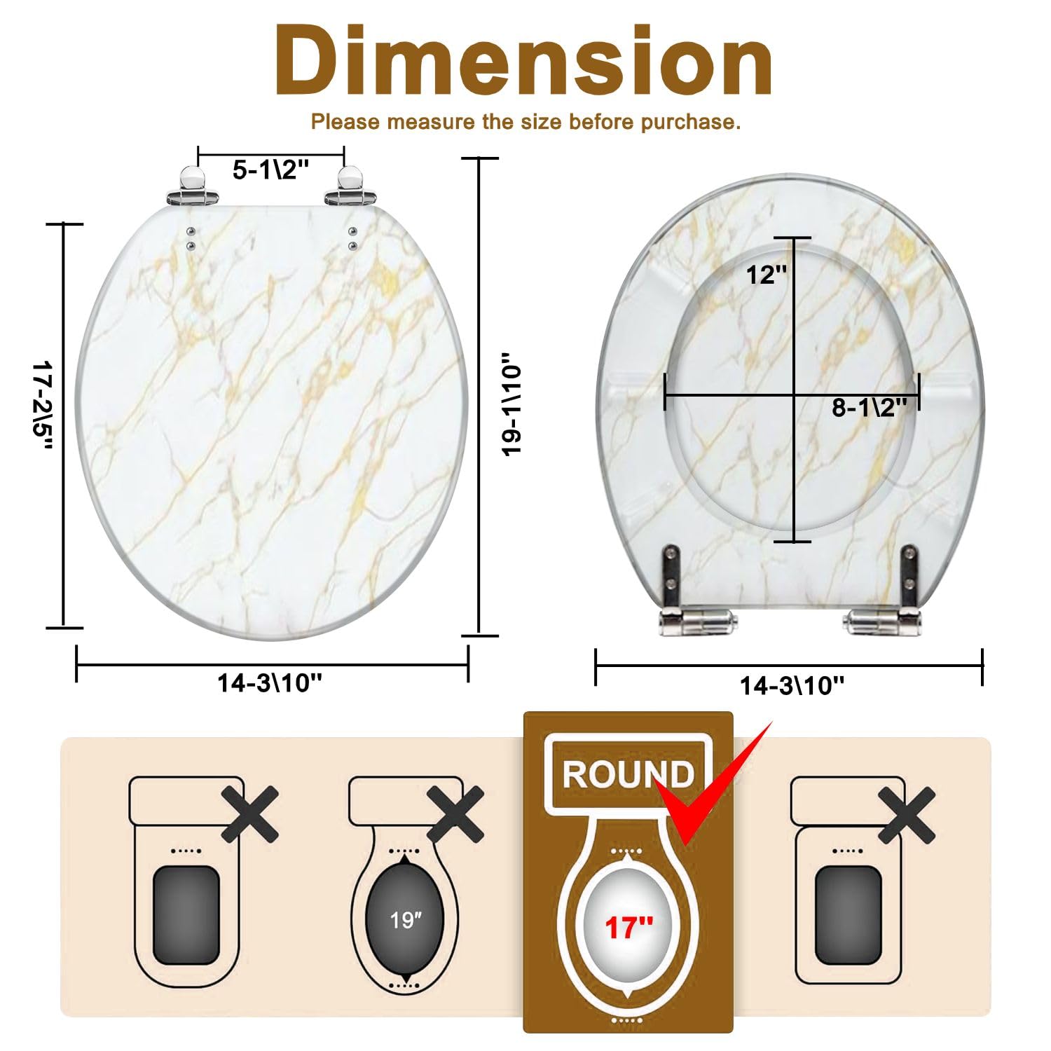 Round Toilet Seat white marble stone texture decorative Resin Toilet Seat with Quietly Close Quick Release Hinges Decorative Toilet Seat with Cover Easy to Clean and Install