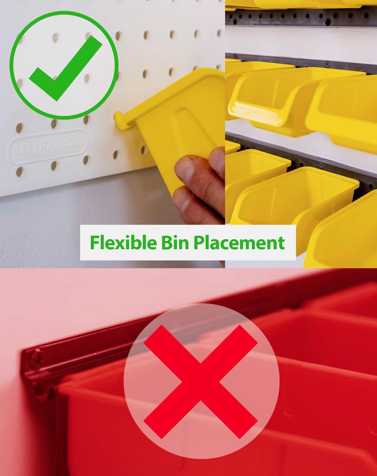 WallPeg - Made in USA - Pegboard Organizer System, Peg board (PK-2-3-15) Kit with Pegboard Bins, Hooks, Peg Board, Pegboard Wall Storage System (3 Tracks- 15 Bins)
