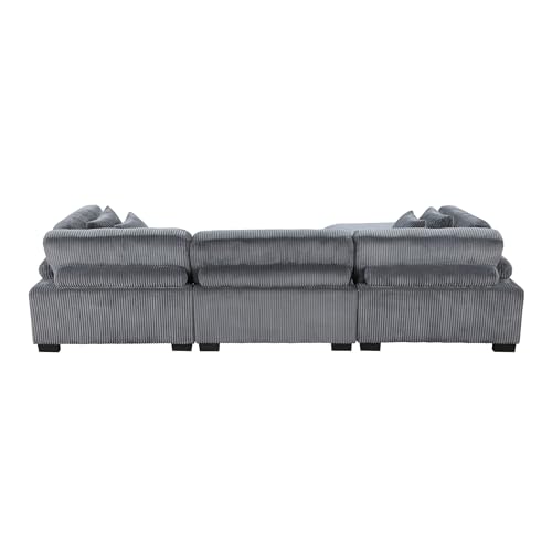 Lexicon Modular Sectional Sofa, Oversized Sectional Sofa, Corduroy Sectional Couch, Extra Large Sofa Set with 5 Matching Pillows, 4 Seater L Shape Sofa with Ottoman, Gray