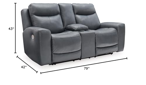 Signature Design by Ashley Mindanao Modern Leather Match Upholstered Power Reclining Loveseat with Console, USB Ports and Cup Holders, Gray
