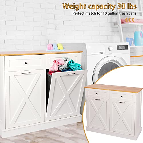 TOLEAD Farmhouse Style Kitchen Trash Cabinet, Double Tilt Out Trash Can Cabinet with Barn Door, Solid Wood Tabletop, Pet Proof, Odor Blocking, Laundry Cabinet Keep Clean