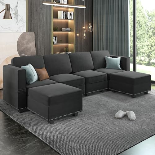 Mjkone Modular Sectional Sofa with Adjustable Armrest and Backrest for Living Room,U Shaped Couch 6 Seater Convertible Sectional Couch with Storage Ottoman -Dark Grey