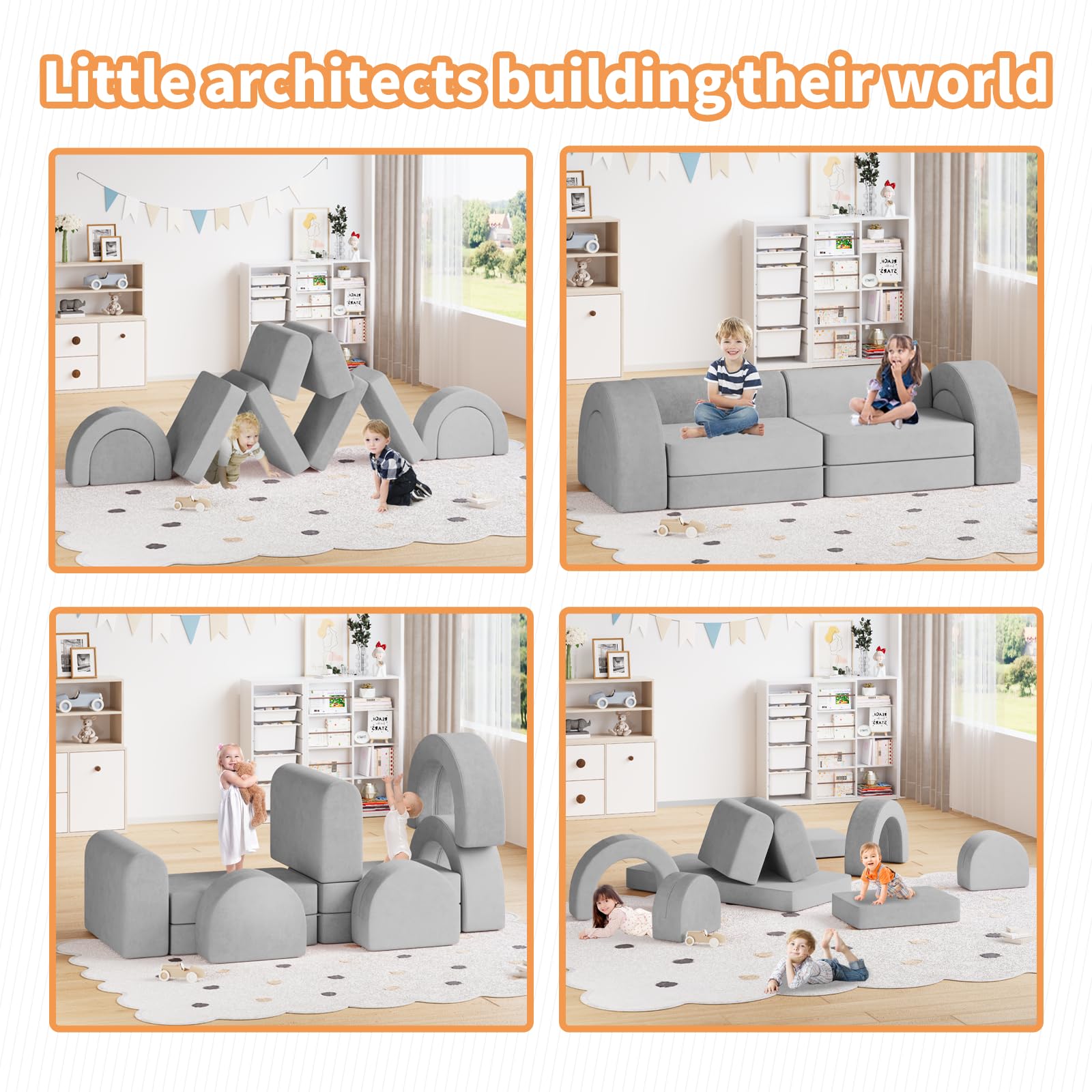 MOOITZ Modular Kids Play Couch, 10pcs Kids Play Couch for Playroom Bedroom, Convertible Modular Toddler Couch, Creative Kids Foam Sofa for Boys and Girls-Grey