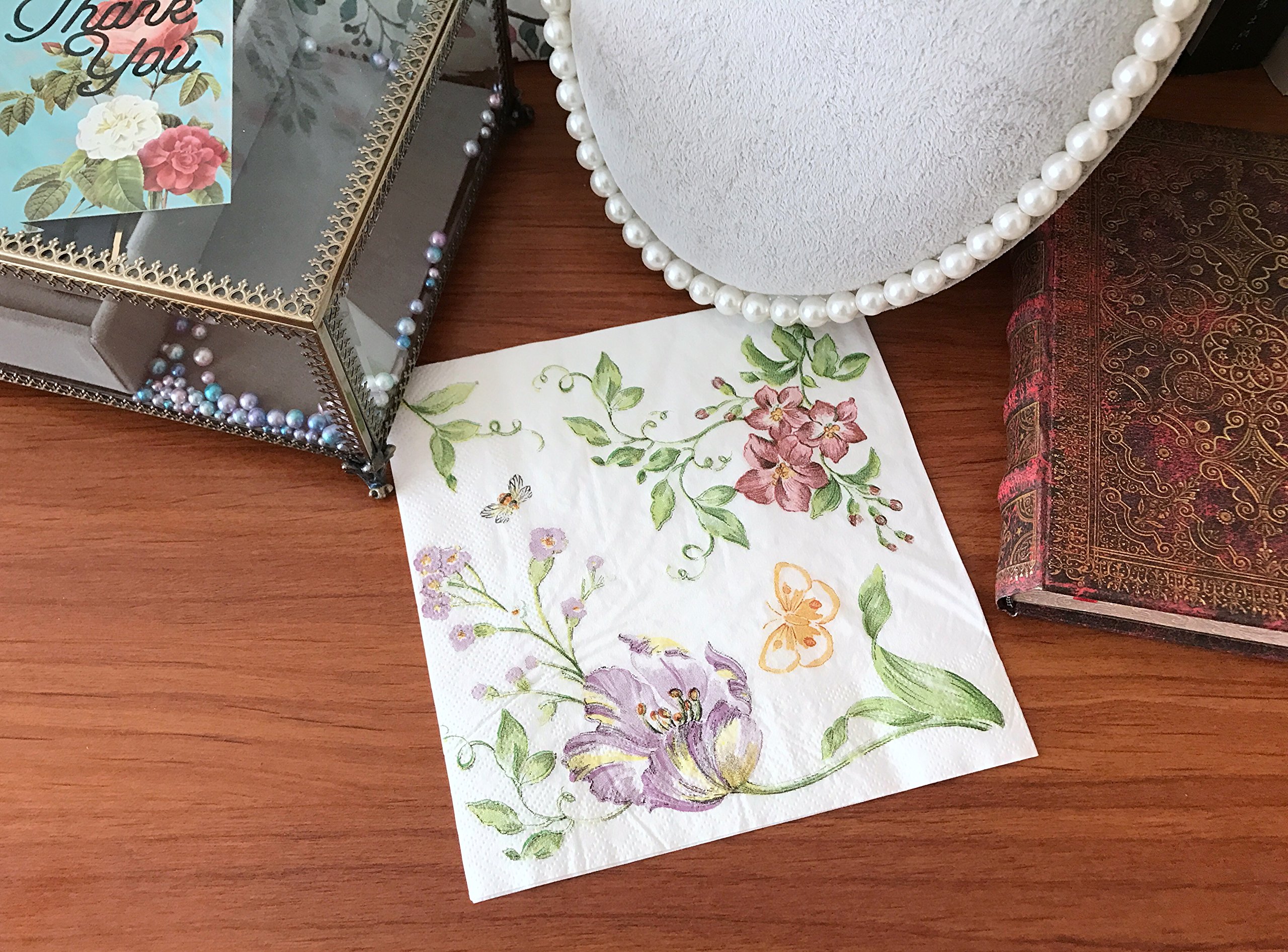 WallyE Decoupage Napkins, Flower and Butterfly Luncheon Napkins for Bridal Shower Tea Party or Wedding,20 Pack