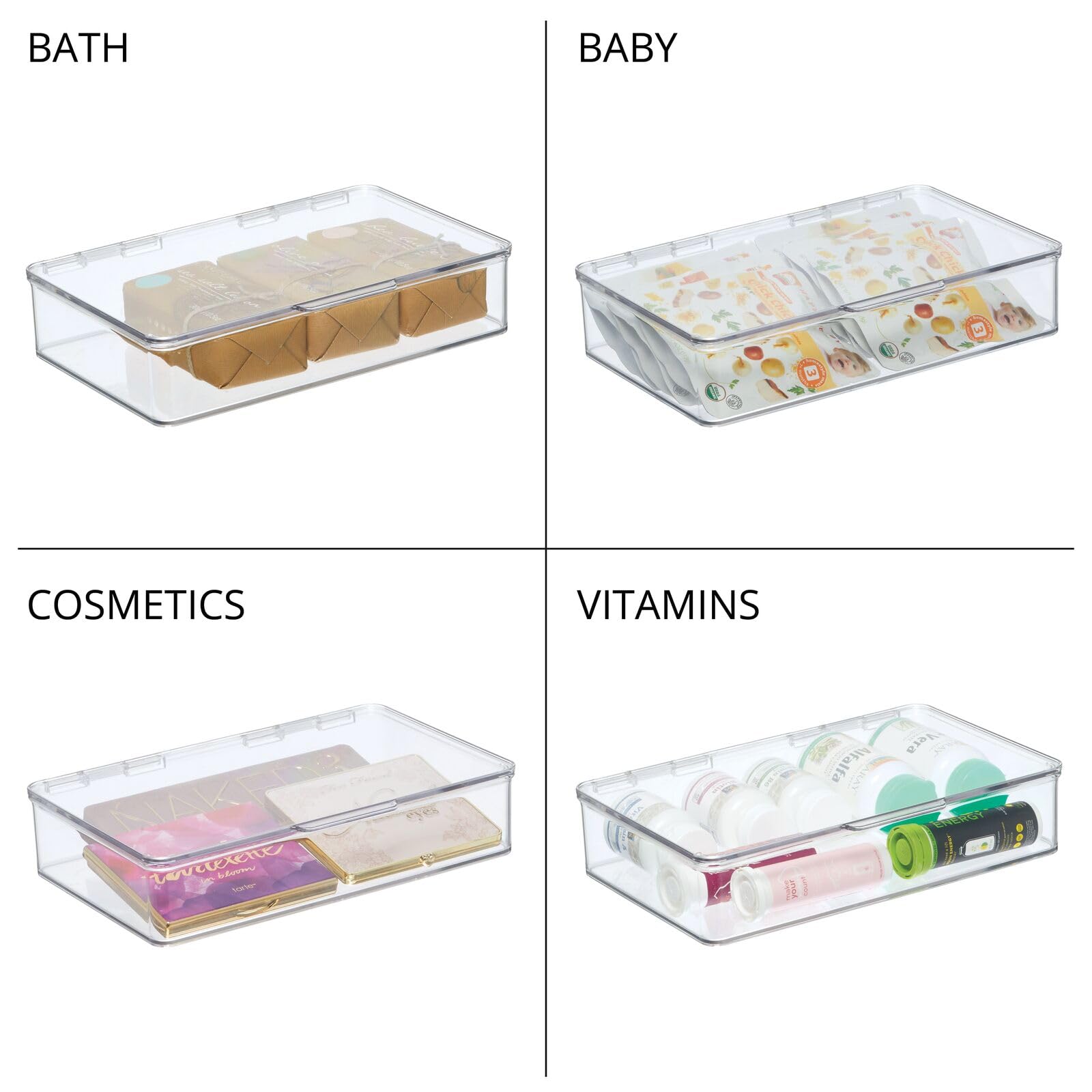 mDesign Plastic Kitchen Pantry and Fridge Storage Organizer Box Containers with Hinged Lid for Shelves or Cabinets, Holds Food, Snacks, Canned Drinks, Seasoning, Condiments, or Utensils, 6 Pack, Clear