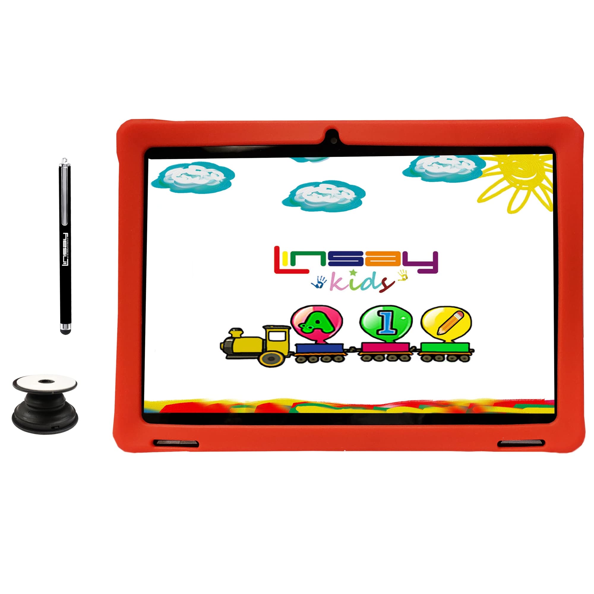 LINSAY 10.1" 1280x800 IPS 2GB RAM 32GB Android 11 Tablet with Kids Red Defender Case, Backpack, Pop Holder and Pen Stylus