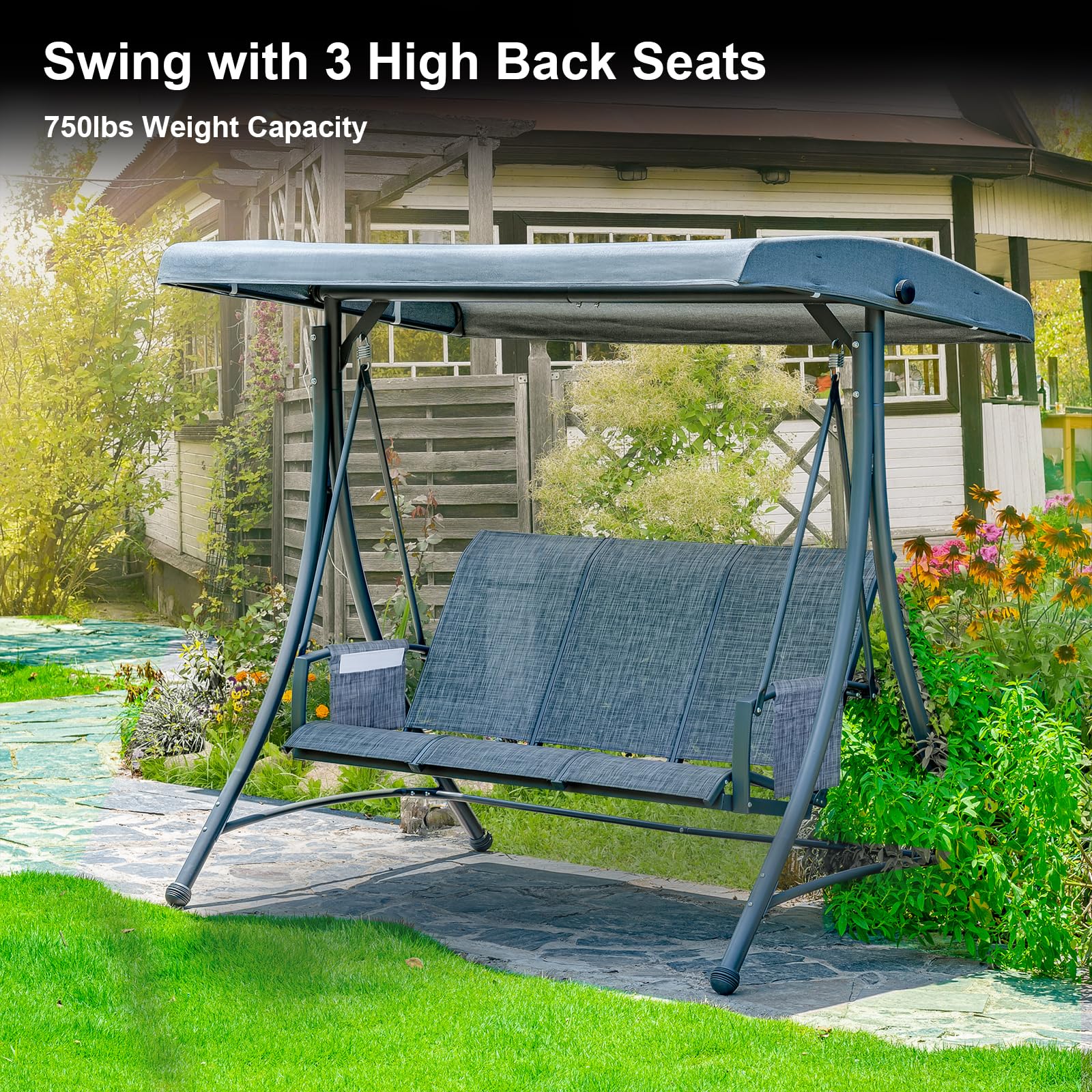 KMX 3-Seat Heavy Duty Outdoor Patio Swing with Canopy, Breathable High-Back Seats, Porch Swing with Adjustable/Removable Canopy for Backyard, Balcony, Garden, Deck – Gray
