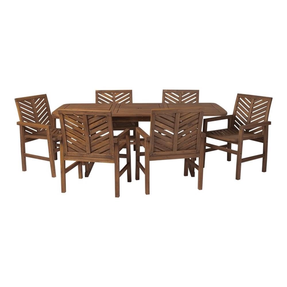 Walker Edison 6 Person Outdoor Wood Chevron Patio Furniture Dining Set Extendable Table Chairs All Weather Backyard Conversation Garden Poolside Balcony, 7 Piece, Dark Brown