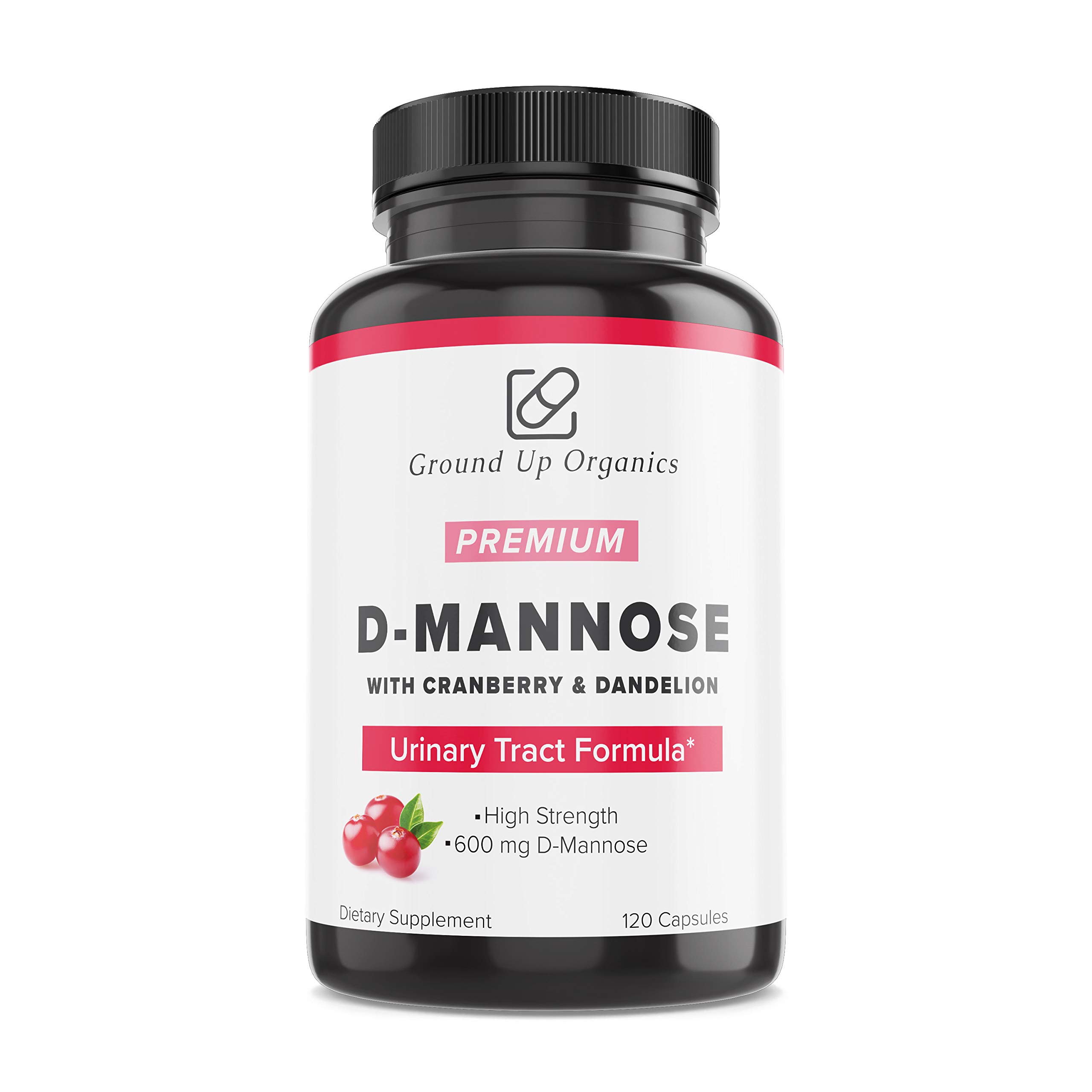 Ground Up Organics D-Mannose Capsules, with Cranberry and Dandelion Extract,Urinary Tract Formula, Supports Immune System, 600mg D-Mannose per Serving, 120 Vegan Capsules