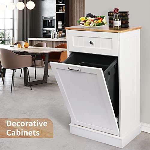 TOLEAD Tilt Out Trash Cabinet,Antique-Style Beadboard Kitchen Island with Solid Wood Tabletop & Drawer, Pet Proof Trash Can, Wood Laundry Cabinet (White)