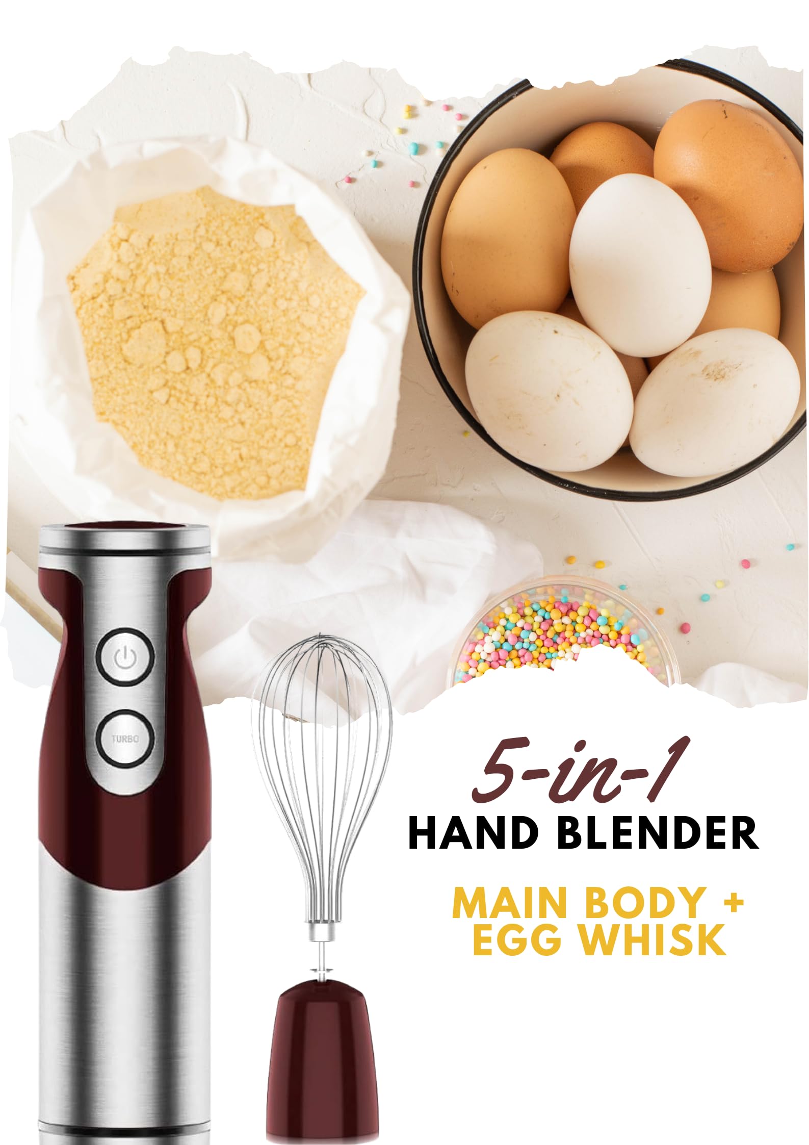 MegaWise 5-in-1 Hand Blender Set with Variable Speed Control, 400W Immersion Blender - Includes Whisk, Milk Frother, Chopper, and Beaker for Smoothies, Soups, and Baby Food (RED)