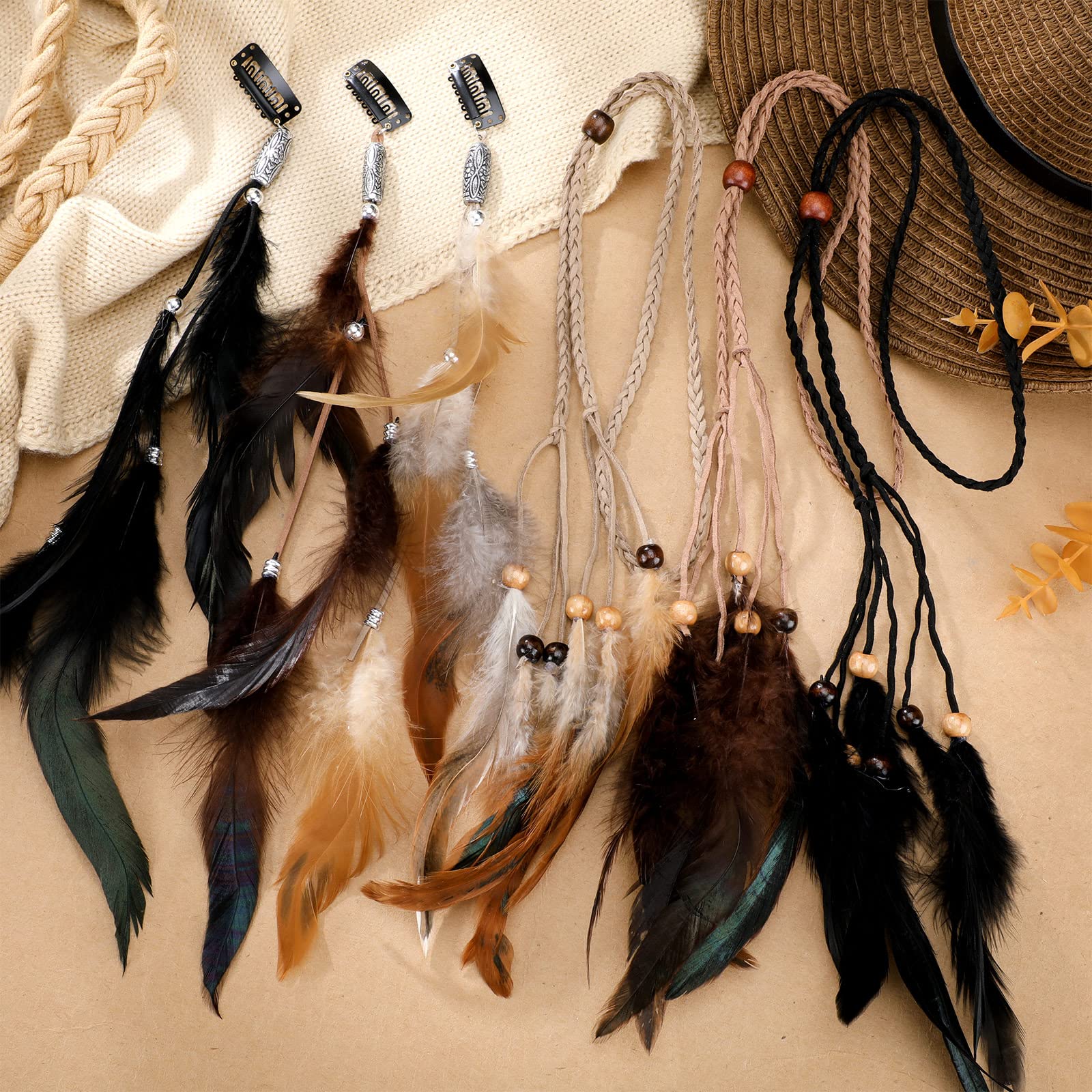 Geyoga 6 Pcs Feather Headband Feather Hair Clip Set Boho Hair Extensions with Feather Clip Comb Hippie Headpiece for Women(Simple Style)