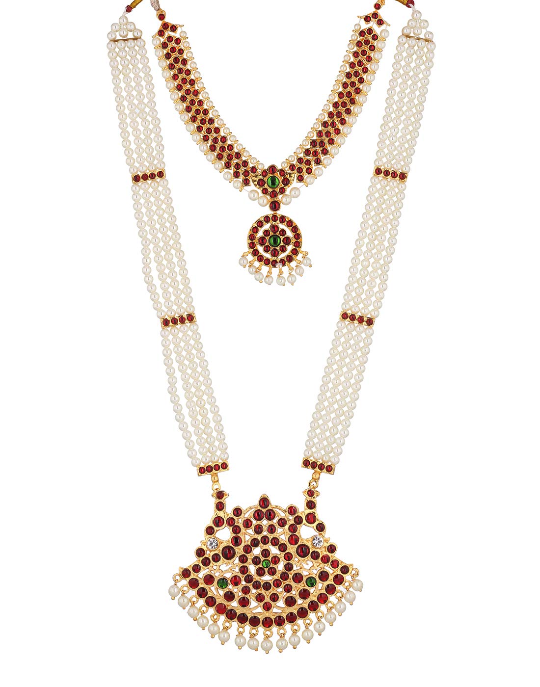 Fashionatelier 4 Line Long Pearl Haram with Pendant and Short Necklace with Earrings