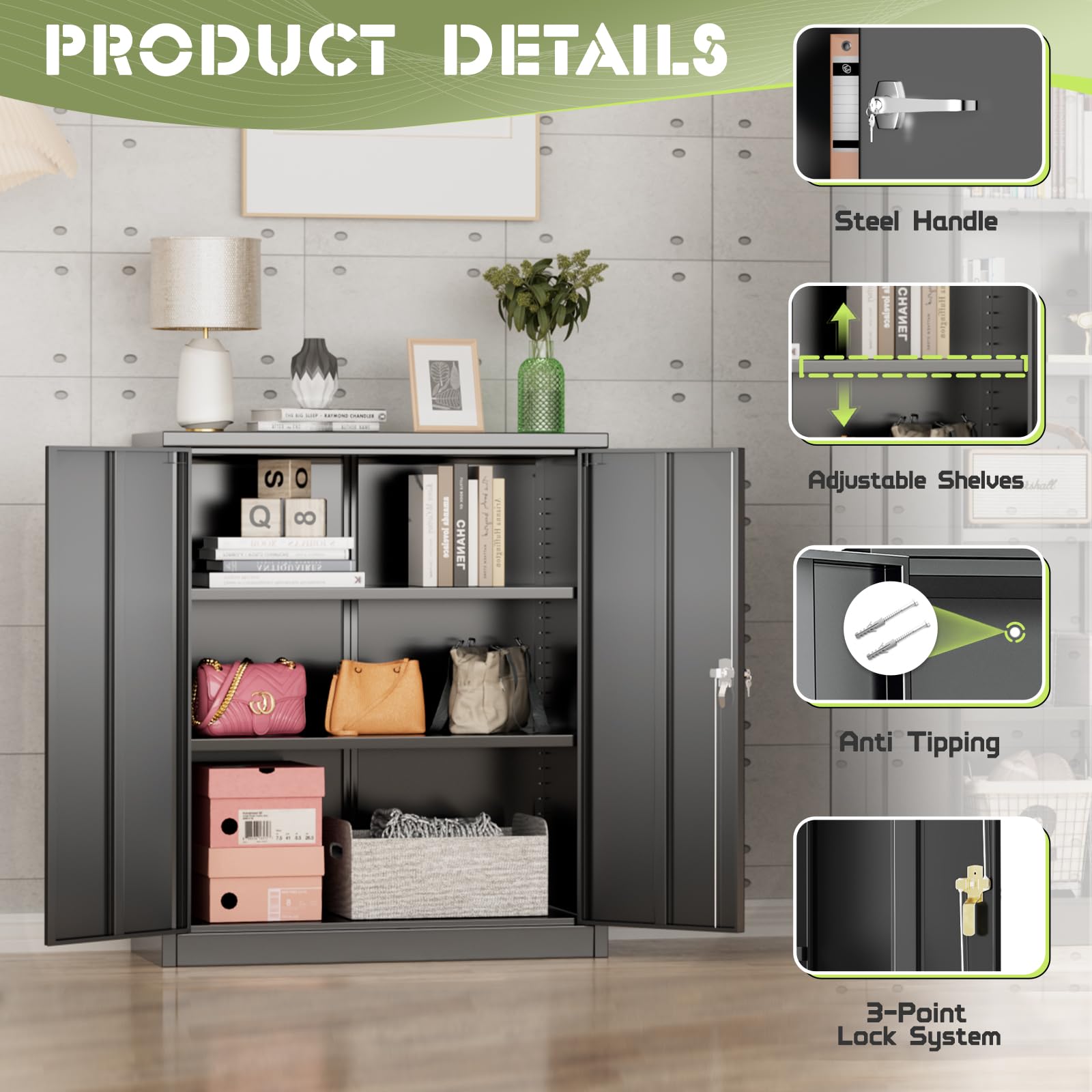 Oakmont Metal Storage Cabinet for Tool Organization, 42" Lockable Garage Storage Cabinets with 2 Doors and 4 Adjustable Shelves, Locking File Cabinet for Office, Home, School (42”-Black)