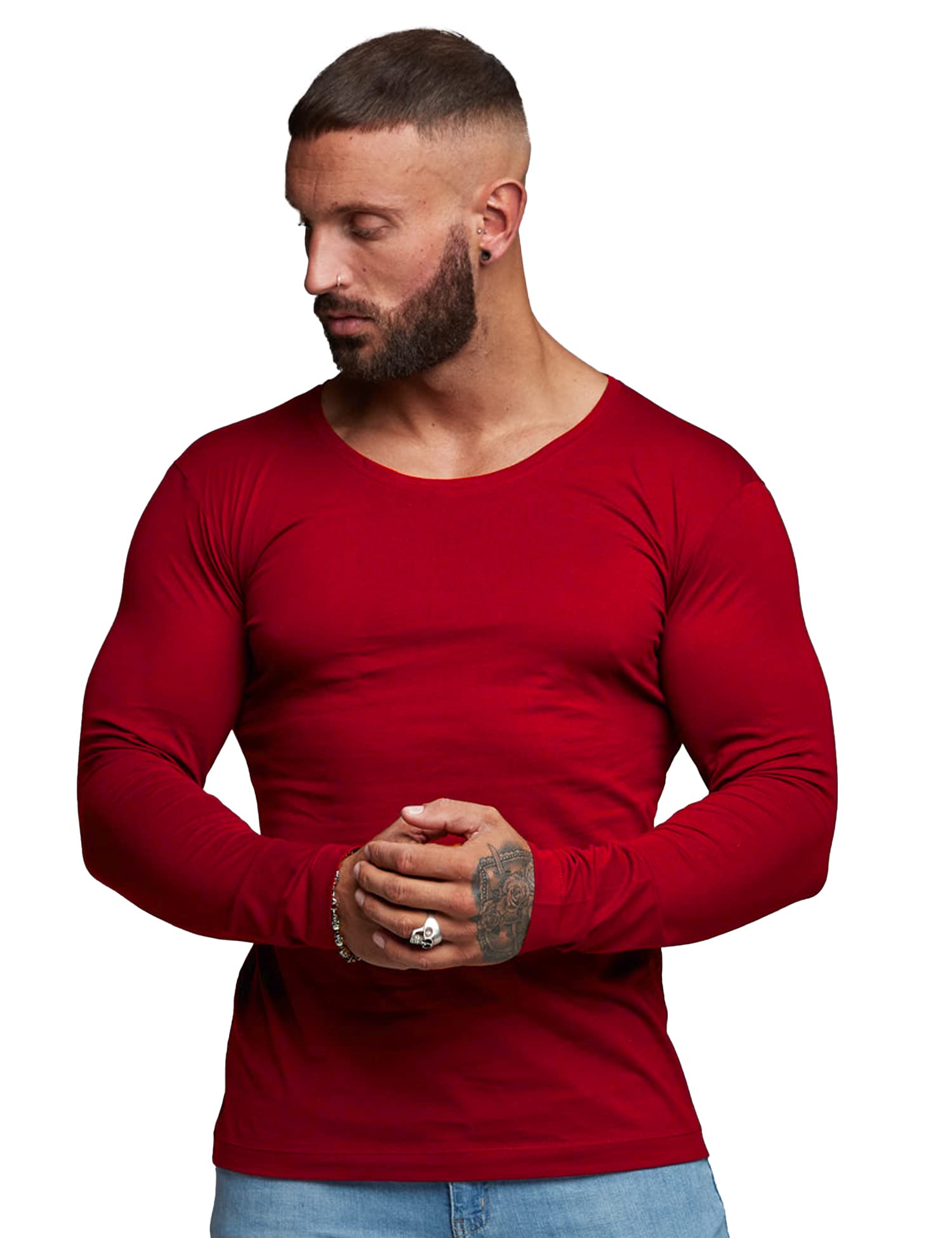KELLORENA Men's Muscle T-Shirt Stretch Breathable Long Sleeve Casual Hipster Tops Gym Workout Athletic Slim Fit Cotton Tee Red
