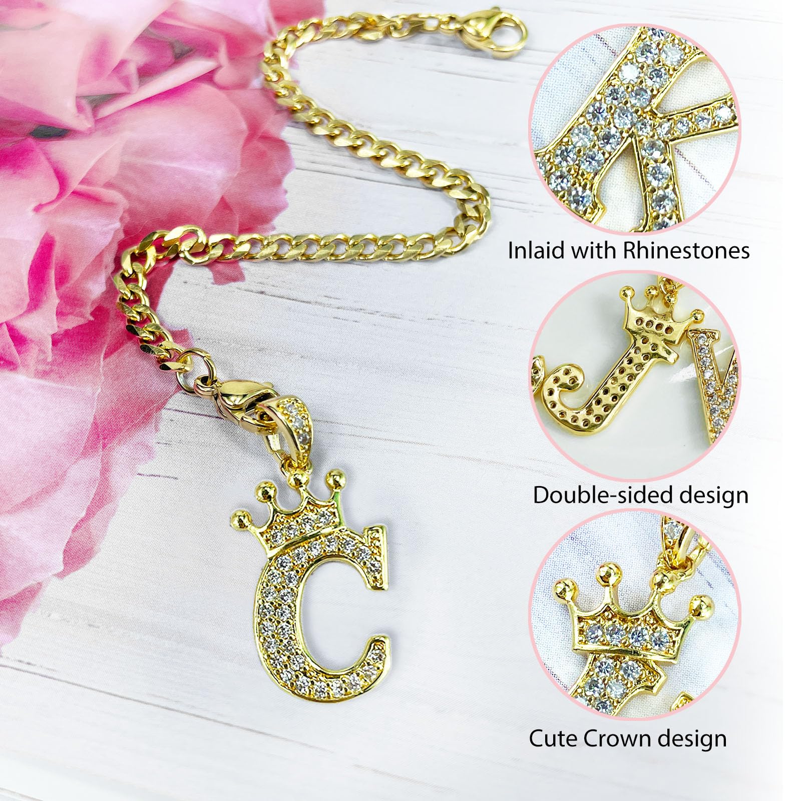 LUHOHI Cup Charms for Stanley Handle- Crown Letter Charms Accessories for Stanley Handle 40 Oz Tumblers Gold Initial Keychain Water Bottle Cup with Diamond Glitter Jewelry Personalized Decorations C