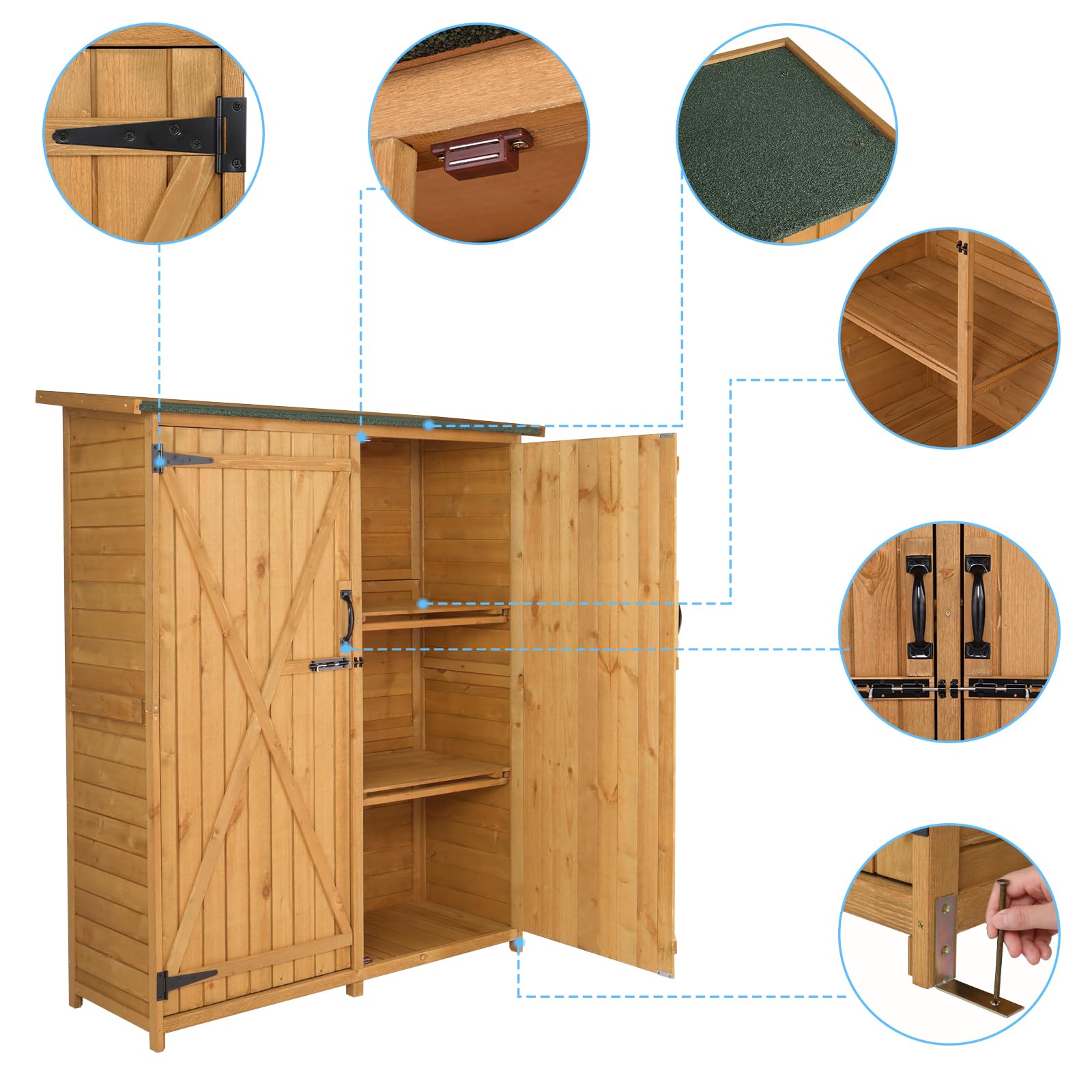 Pinikuyiro Outdoor Storage Cabinet, Wood Garden Shed, Outside Tool Shed, Vertical Organizer Cabinet with Double Lockable Doors for Outside, Garden and Yard