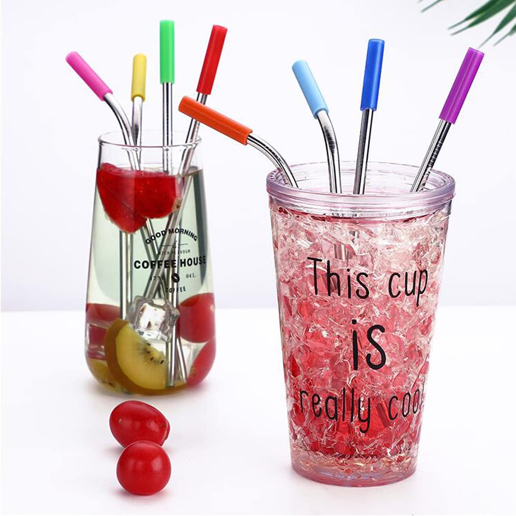 Hoshen 7 Piece 8.5 Inch Reusable Stainless Steel Straw Set With Anti-Scratch Mouth Silicone Tip, Bone Pack Set (3 Straight/3 Curved/1 Brush/6 Silicone Mouth) - Red