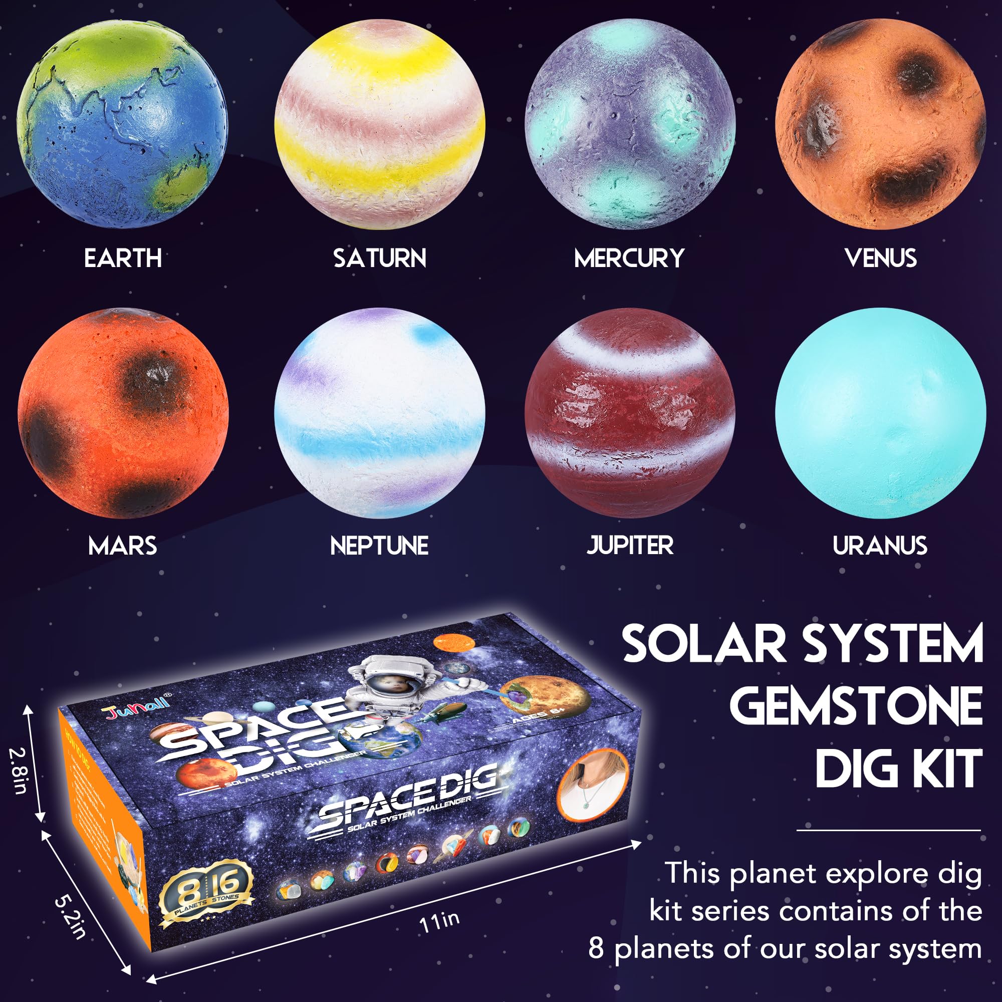 Junall Gemstone Dig Kit, Easter Egg Space Toys for Kids, Dig up 8 Planets Find 16 Gems & Explore Solar System, Science STEM Activities - Educational Gifts for Boys Girls Age 5 6 7 8 10+Year Old
